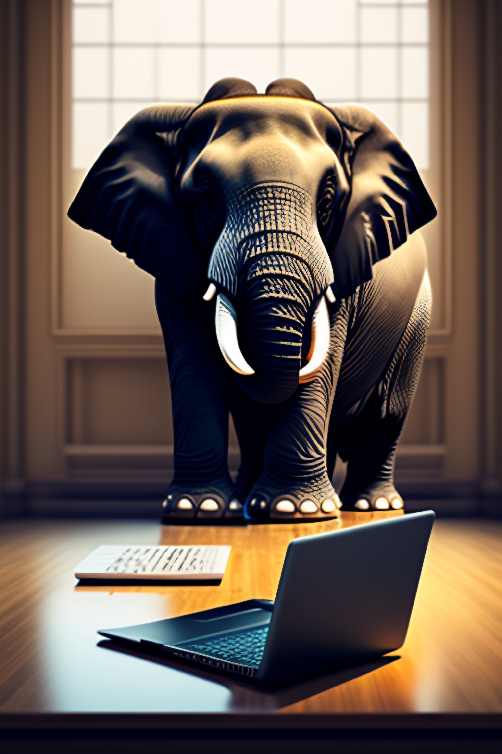 Lexica - An angry humanoid elephant sits at a cluttered desk in front ...