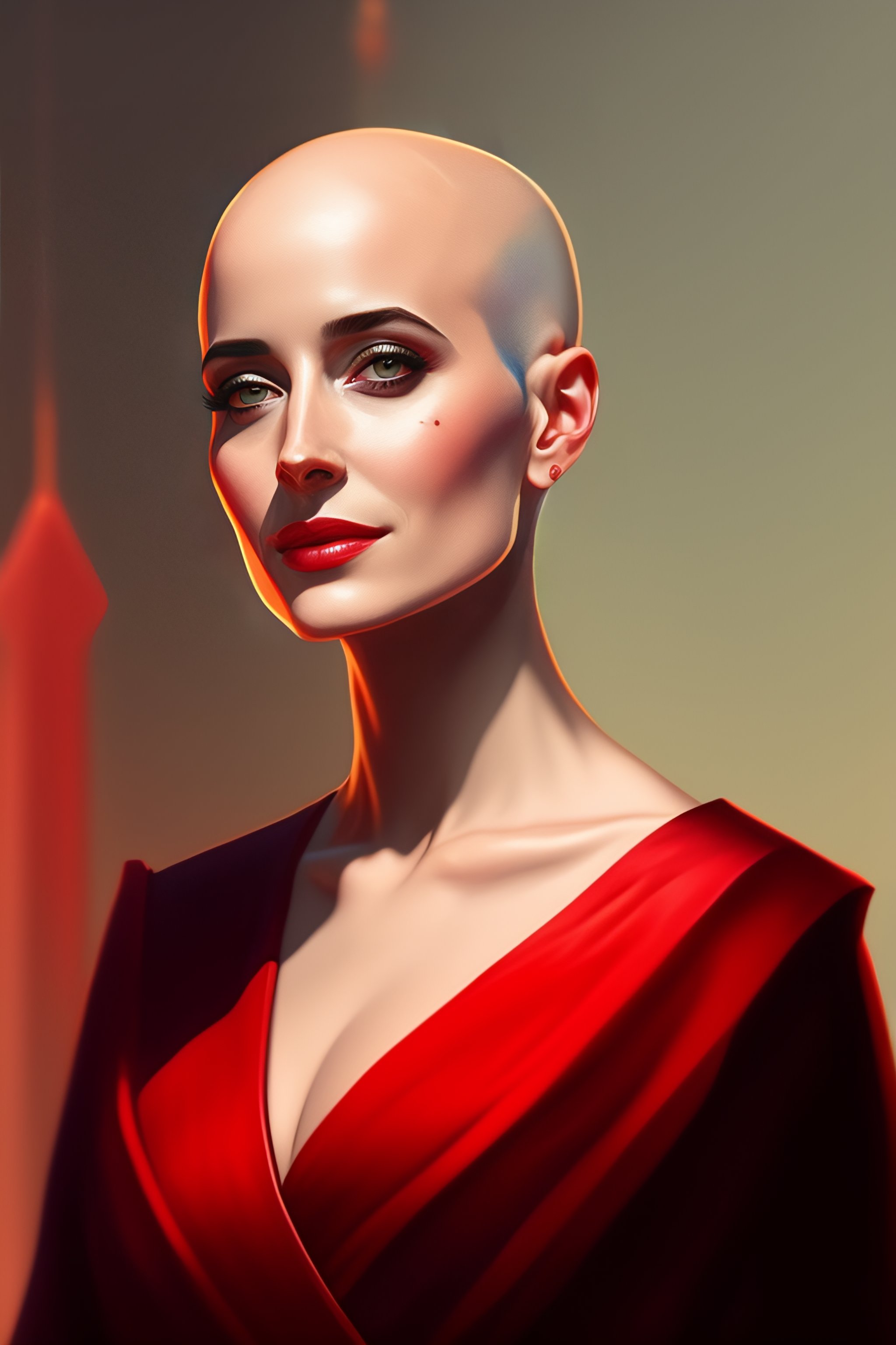 Lexica - Bald young pale woman, eva green , bald, dark red robes, sly ...