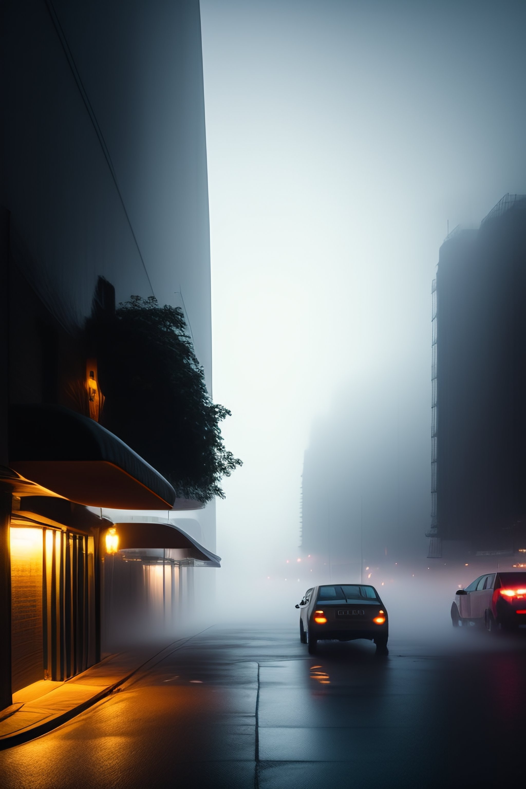Lexica - Street scene at night partial fog with street lights and ...