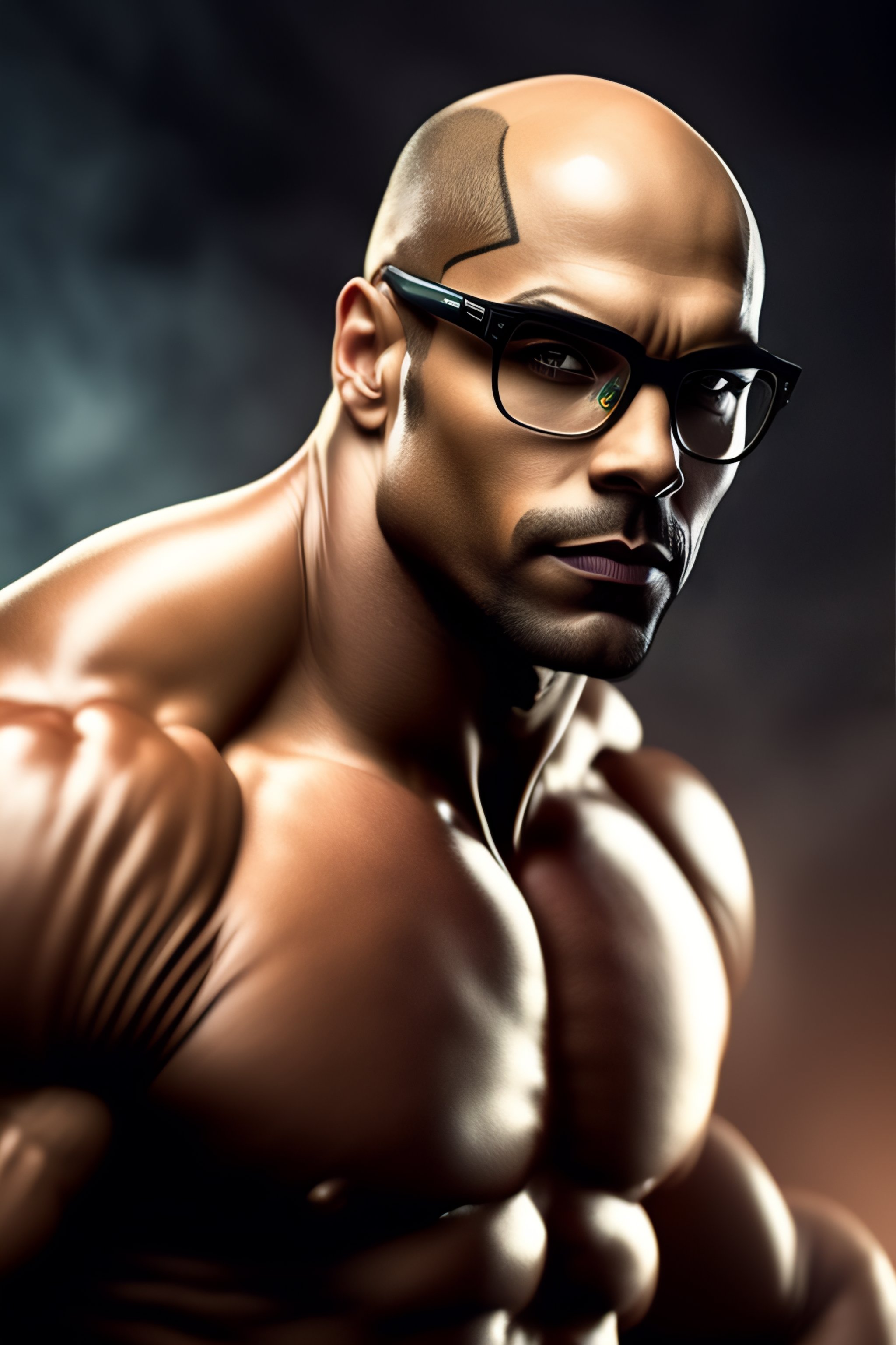 Lexica - Picture of bald muscular superhero with glasses