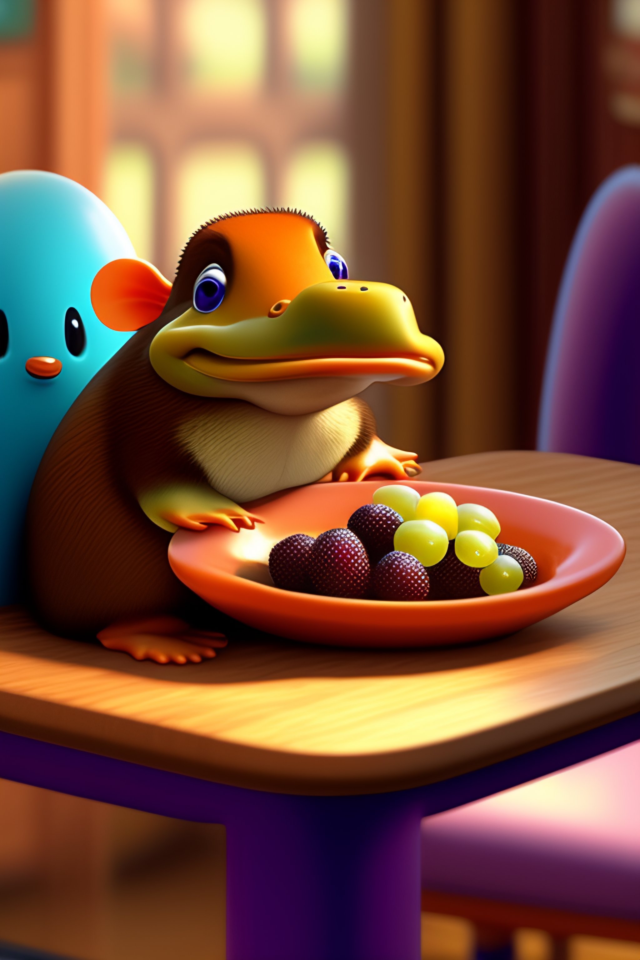 Lexica - Pixar art of a funny smiling platypus eating some grapes ...