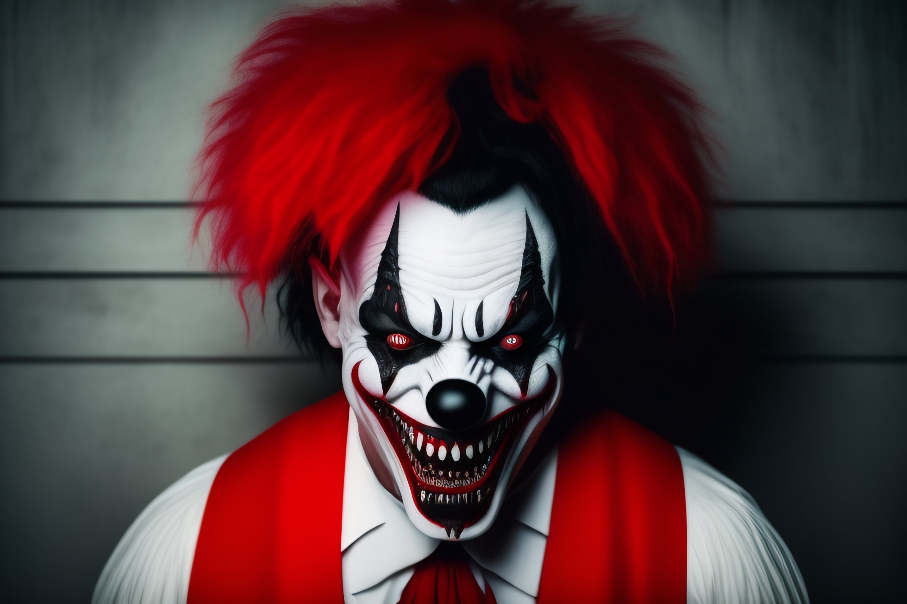 Lexica - Person dressed as a terrifying thin ugly clown with red eyes ...