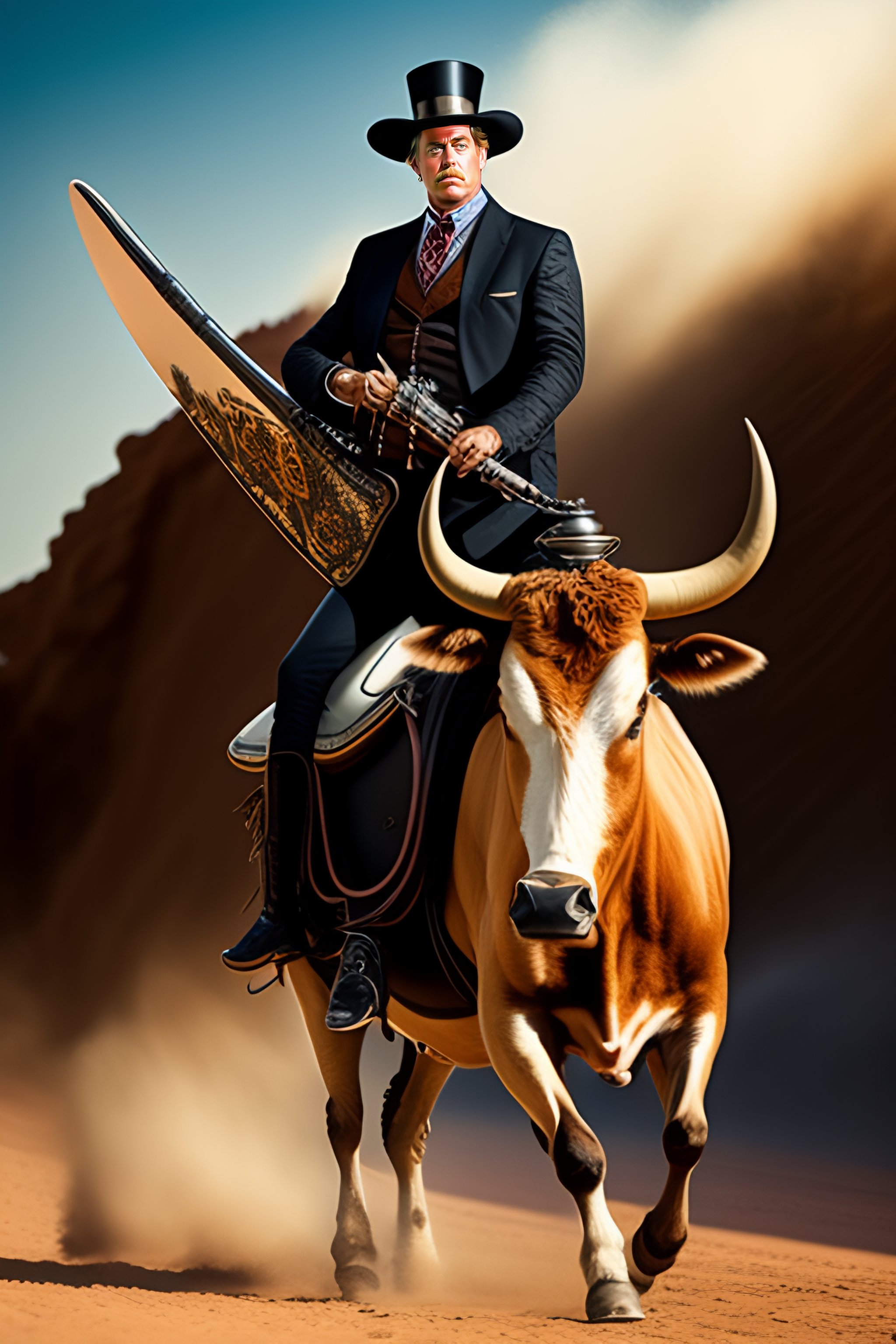 Lexica - Steampunk Steve Buscemi surfing on a cow holding a rifle