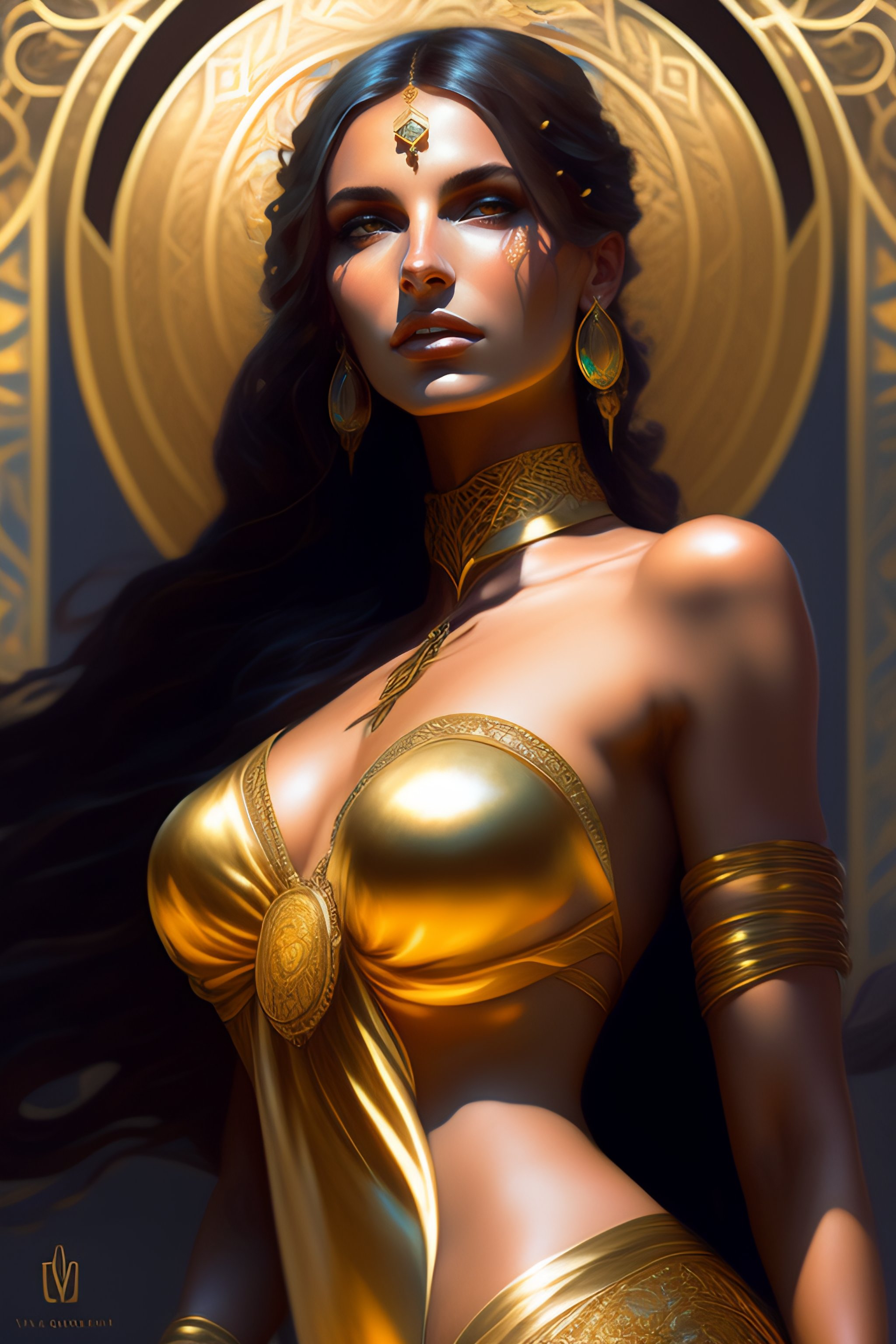 Lexica - A beautiful cinematic female sand goddess, emily ratajkowski, golden and black dress ...