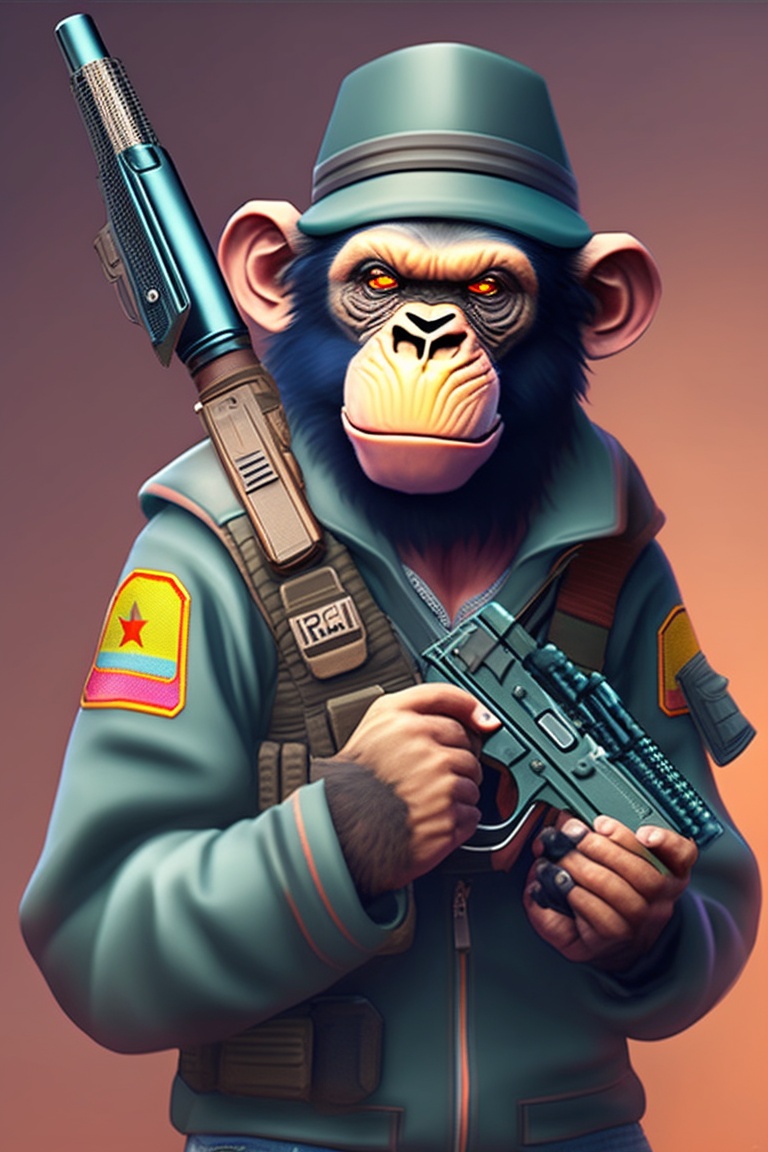 Lexica - Chimp with AK47 in his both arms, sunglasses, tatooes ...