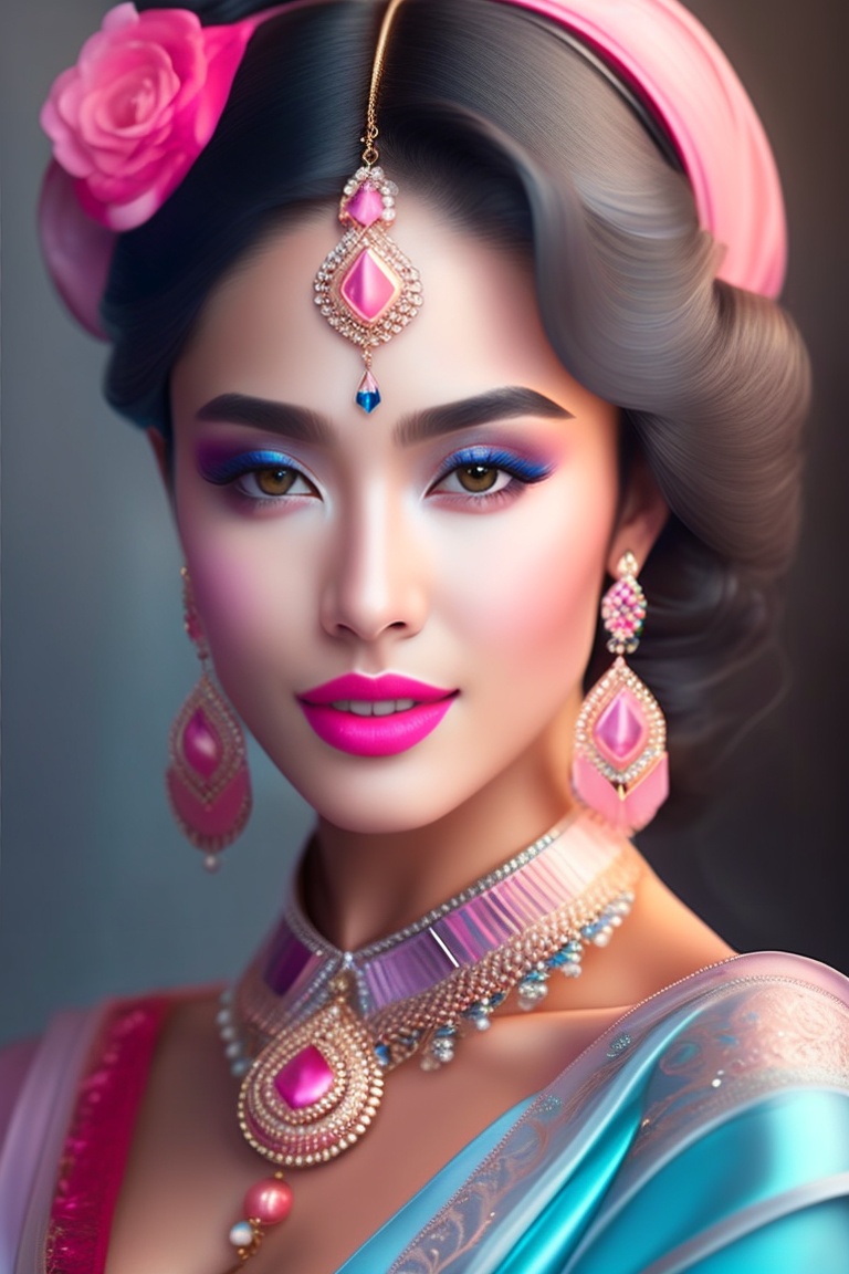 Lexica - A bridal with sky blue frock,pink cheeks,pink lipstick,smoky ...