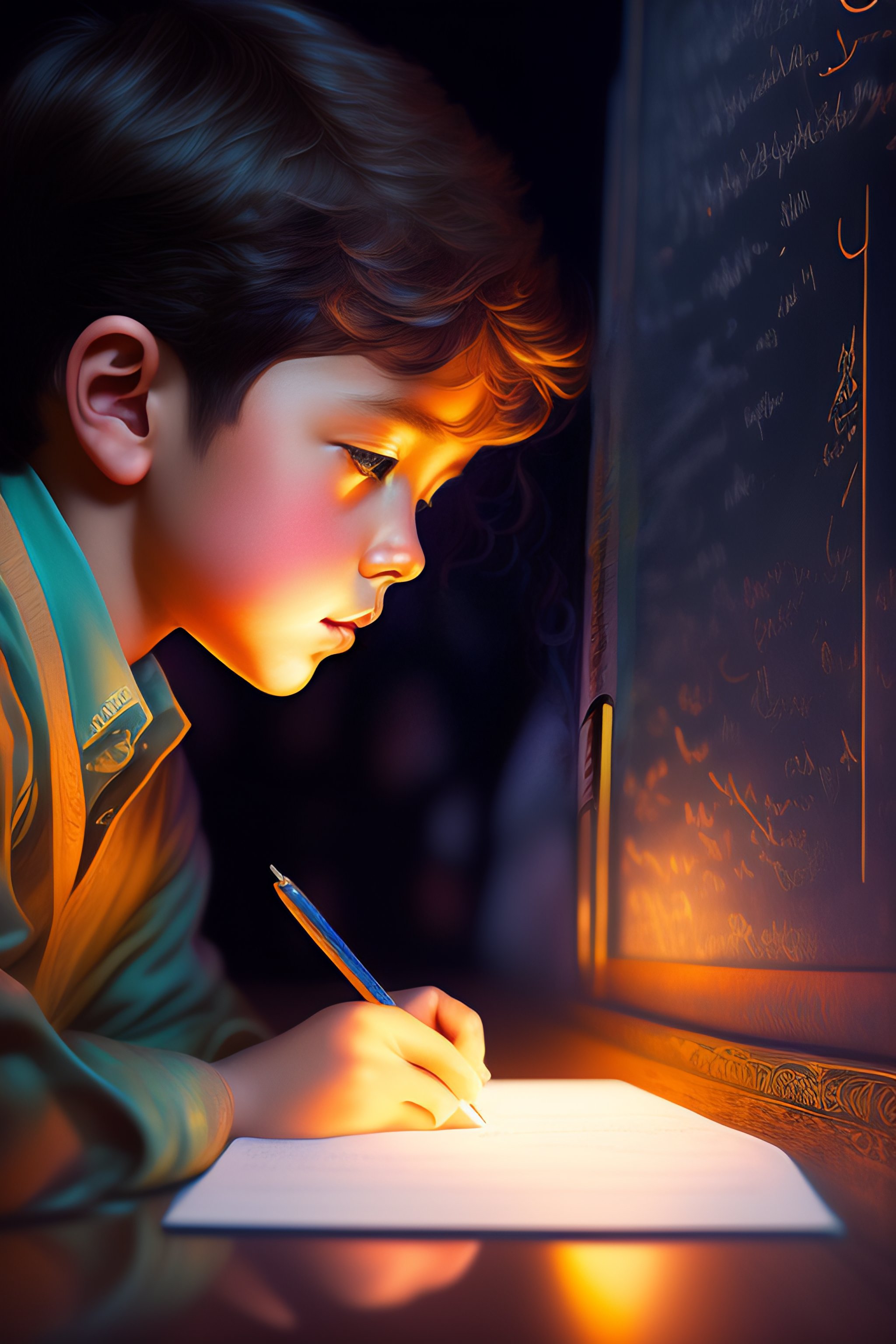 Lexica - A boy writing on a chalkboard, full shot, visible face ...