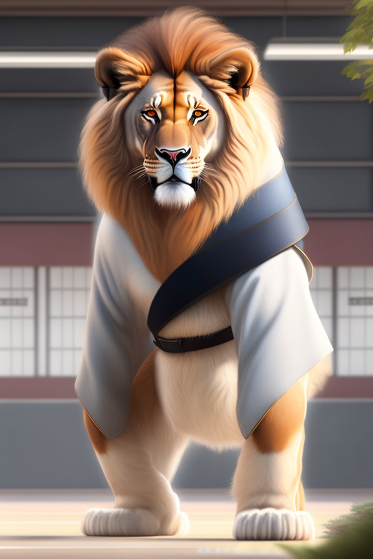Lexica - Draw a very realistic huge lion wearing a white karate suit ...