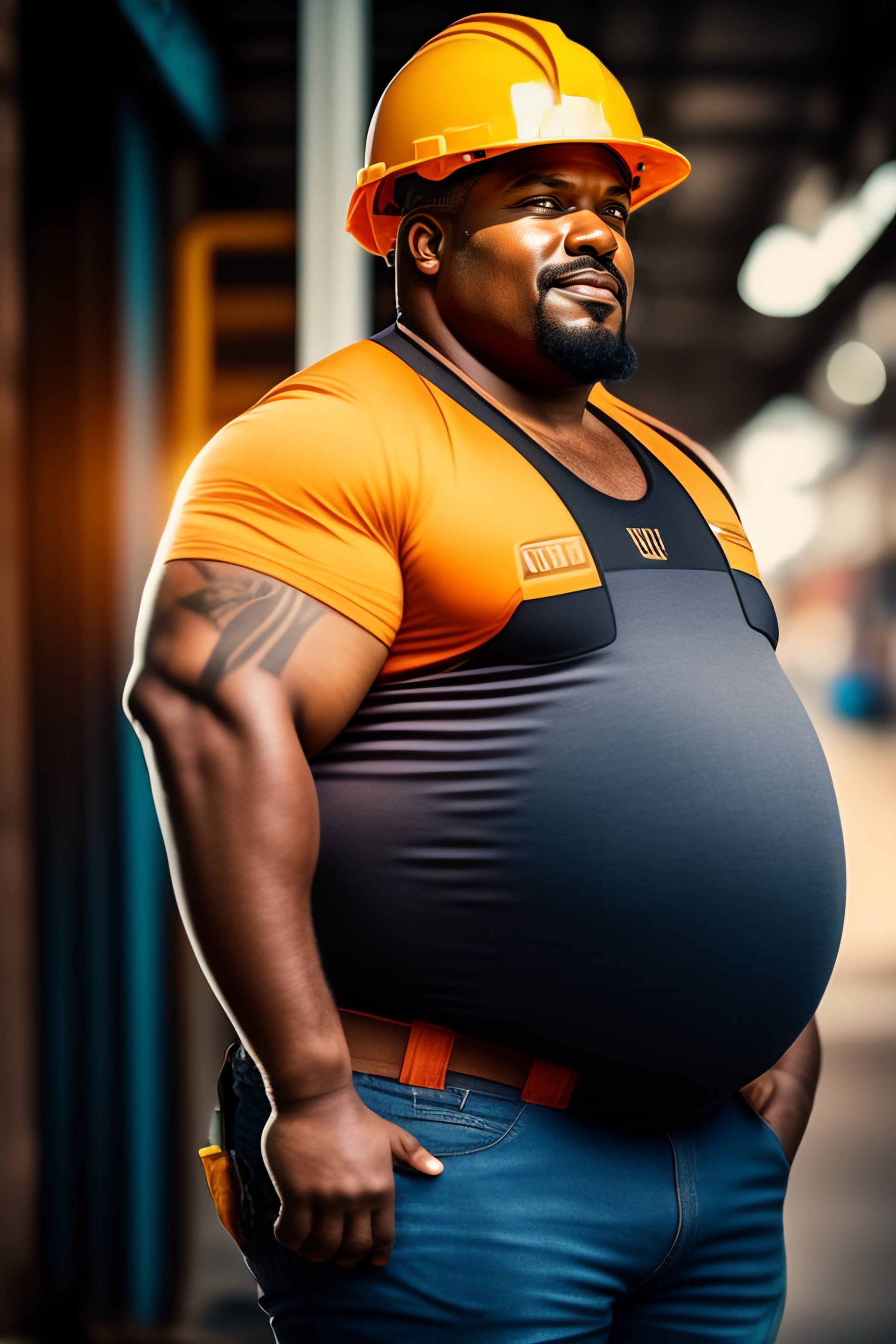 Lexica - A construction worker with a very large belly, amateur photo