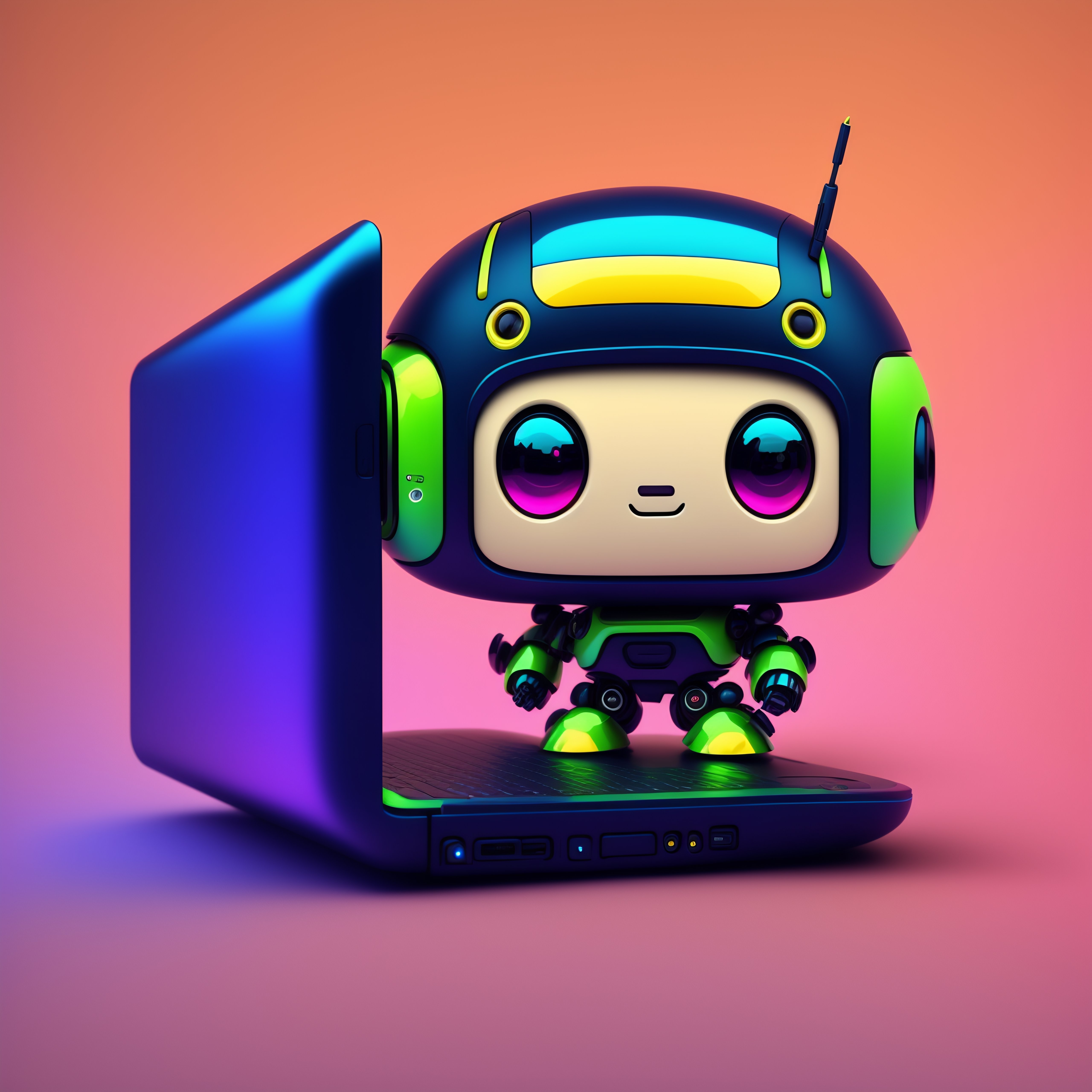 Lexica - A small hyper-cute chibi robot, working on his laptop computer
