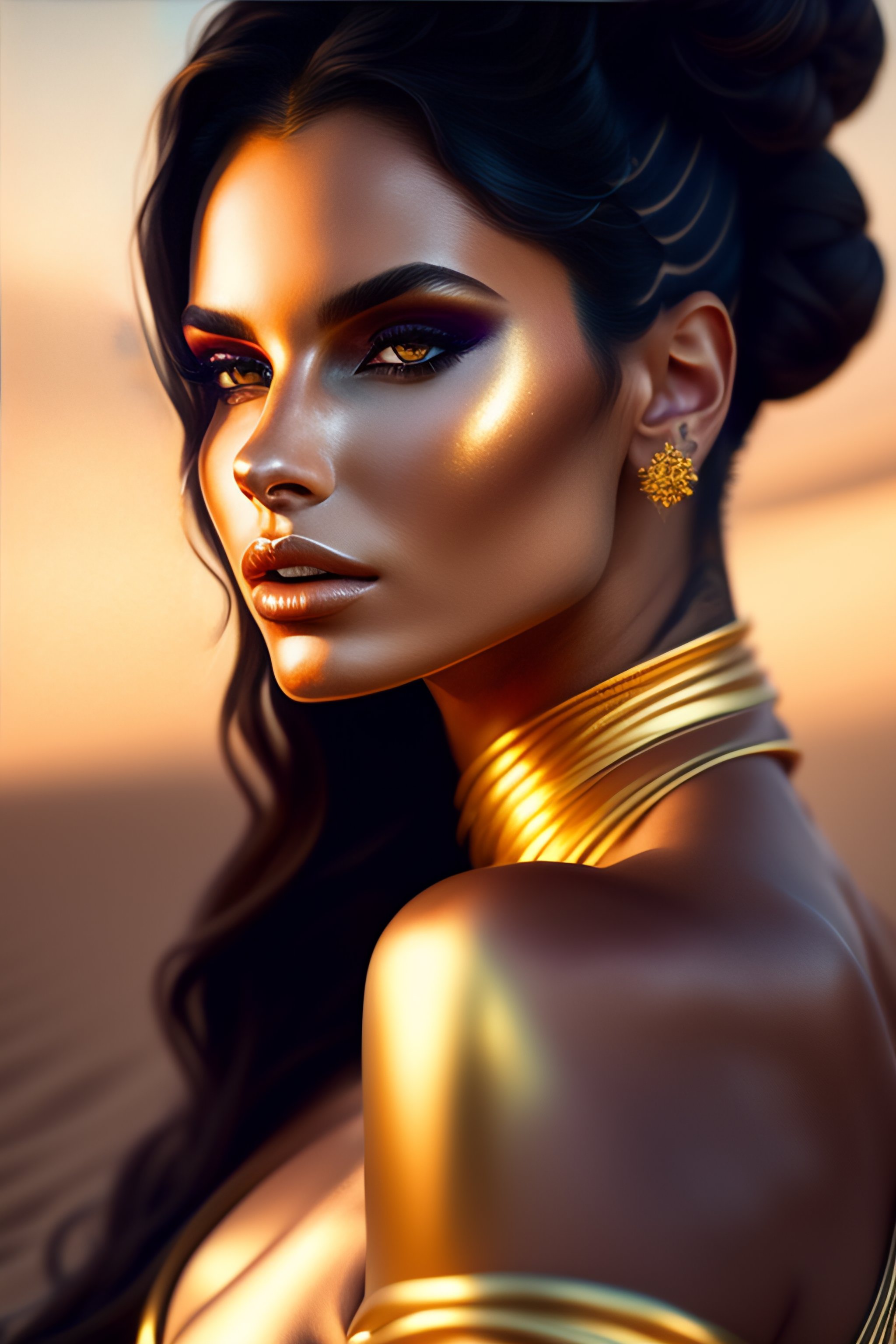 Lexica - A beautiful cinematic female sand goddess, golden dress, glow golden tatto, galatic ...