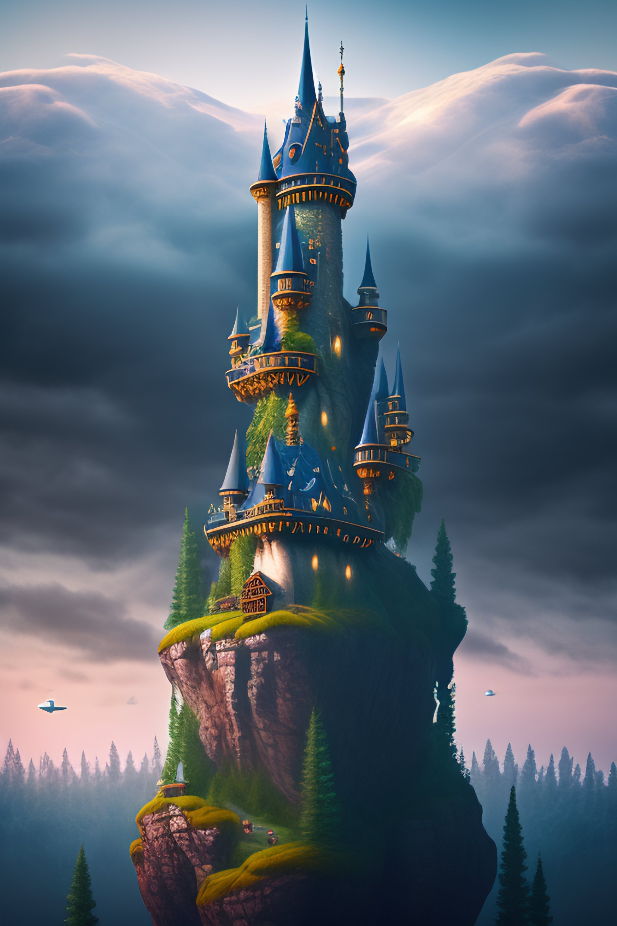 Lexica - WIzard castle floating in the sky with forests and trees beneath