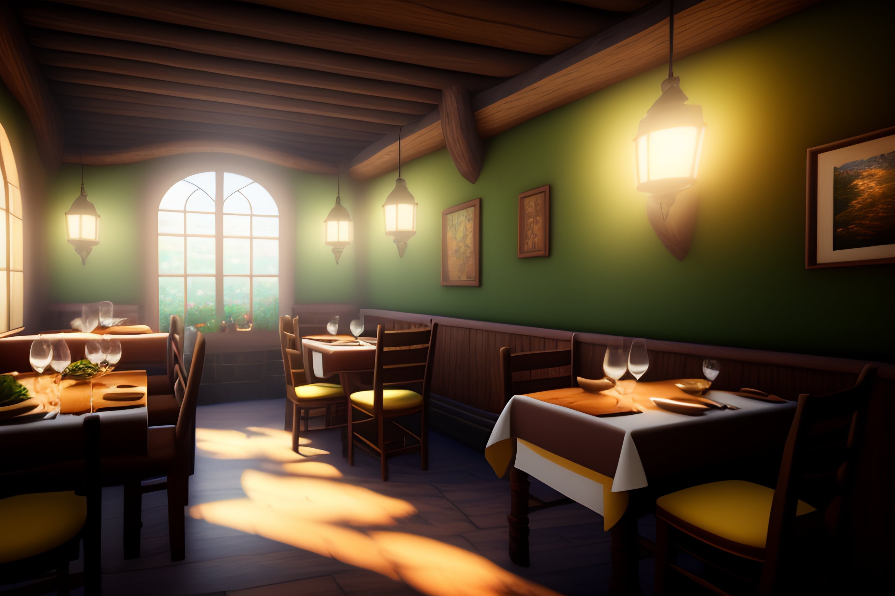 Lexica - A small restaurant, ultra realistic, soft light, warm light ...