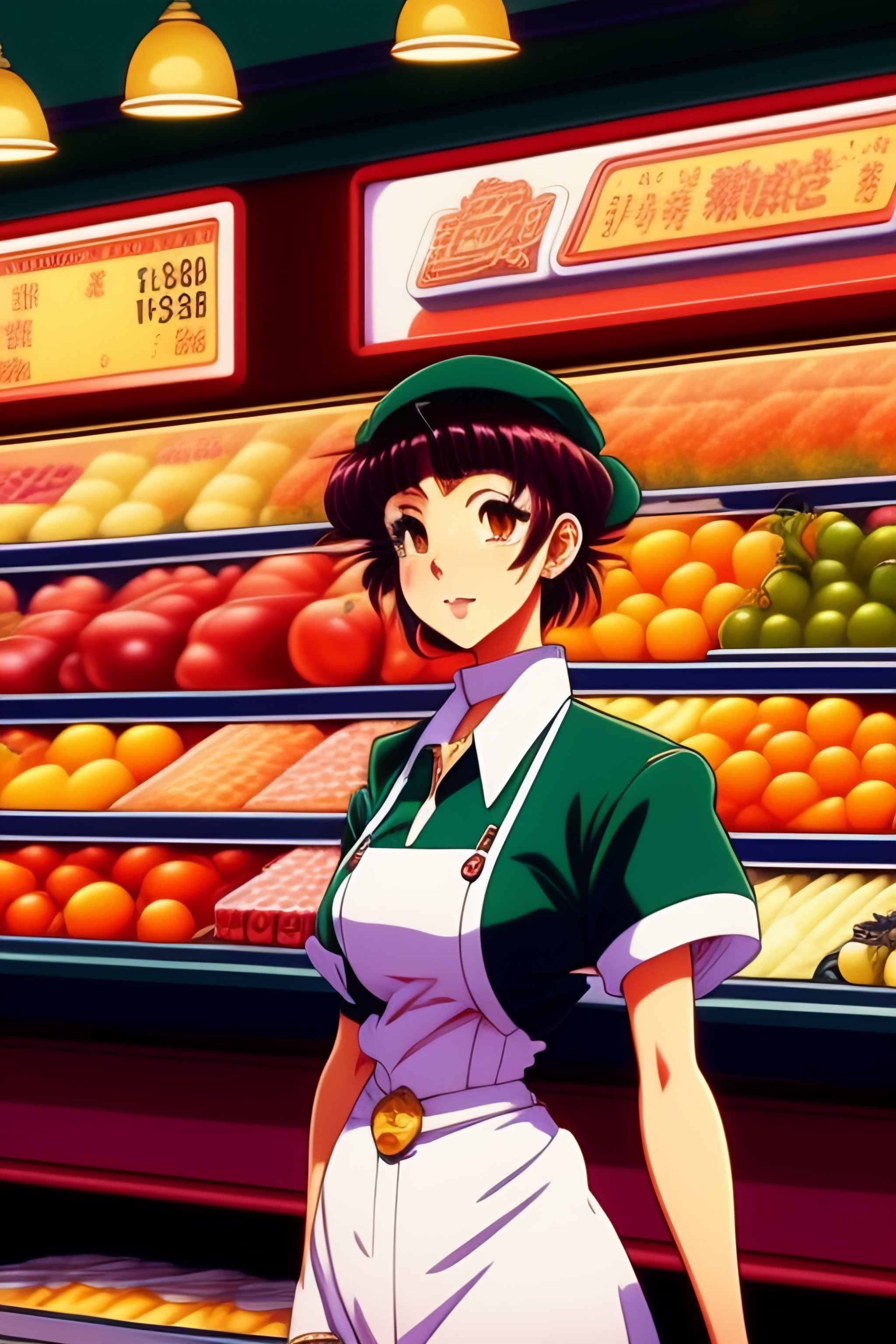 Lexica - In the style of 90's vintage. anime art of a female grocer ...