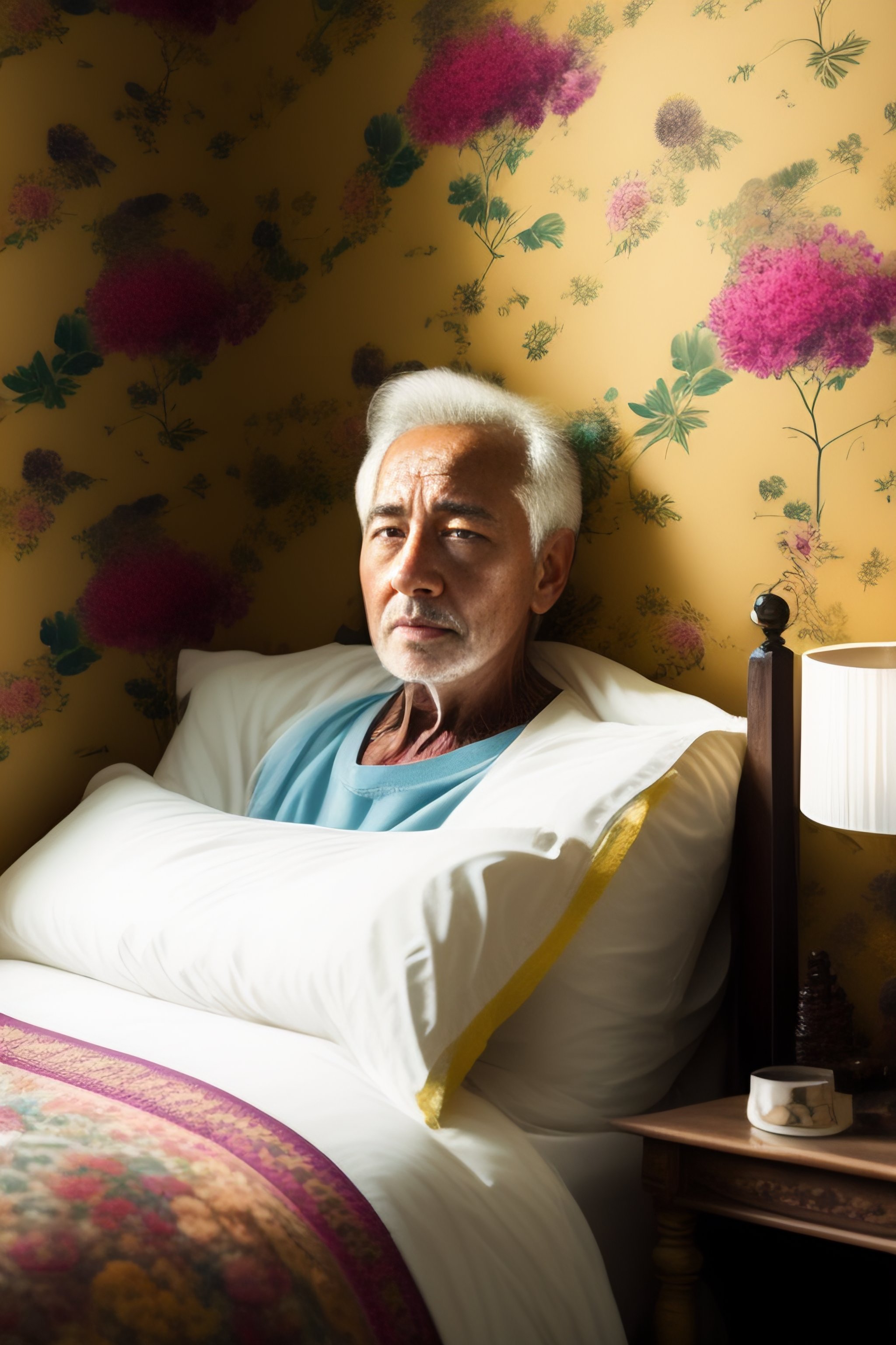 Lexica - A dying old man in bed with an IV drip an elderly nurse pale ...