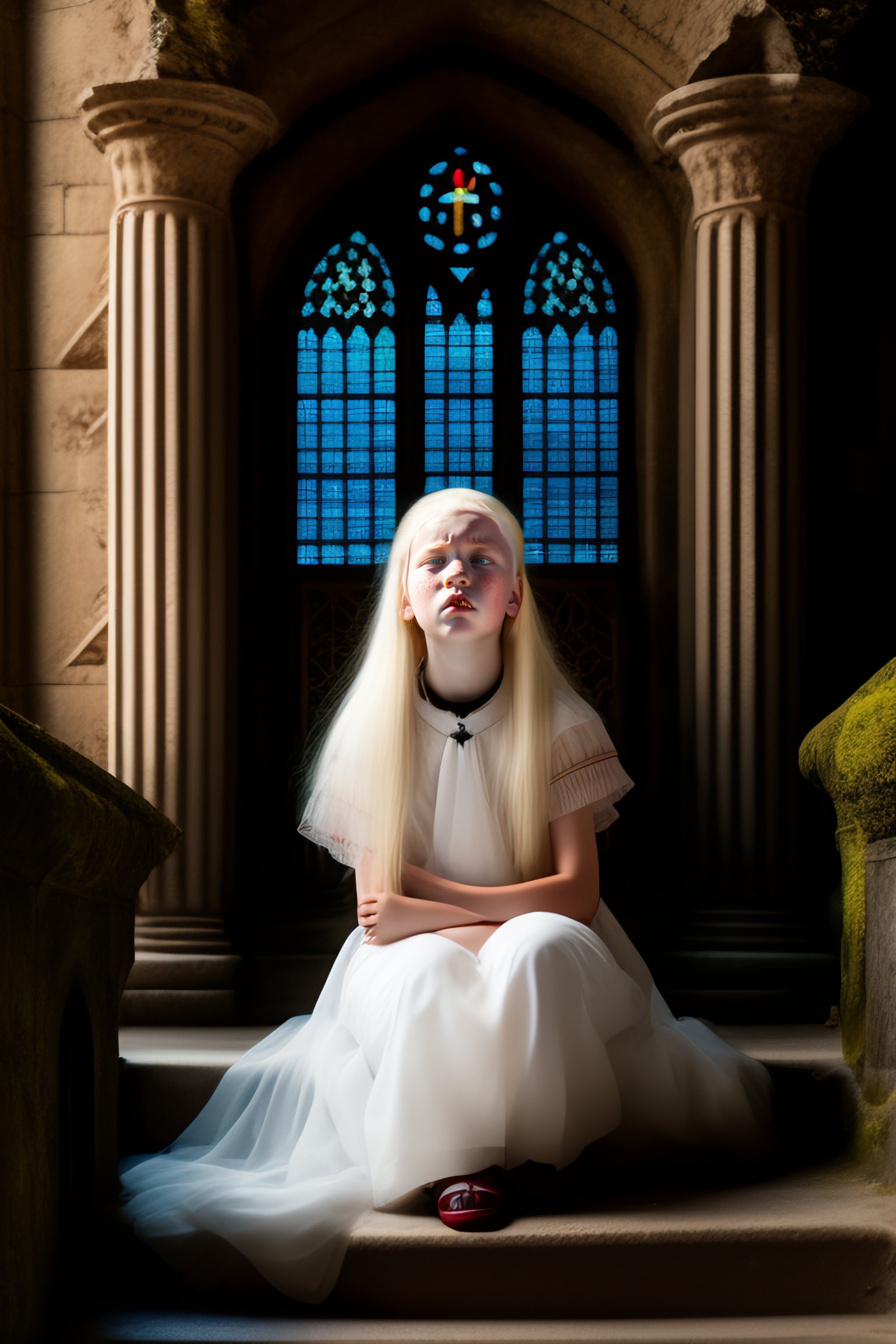 Lexica - 12 years old crying sad albino vampire female sitting on the ...