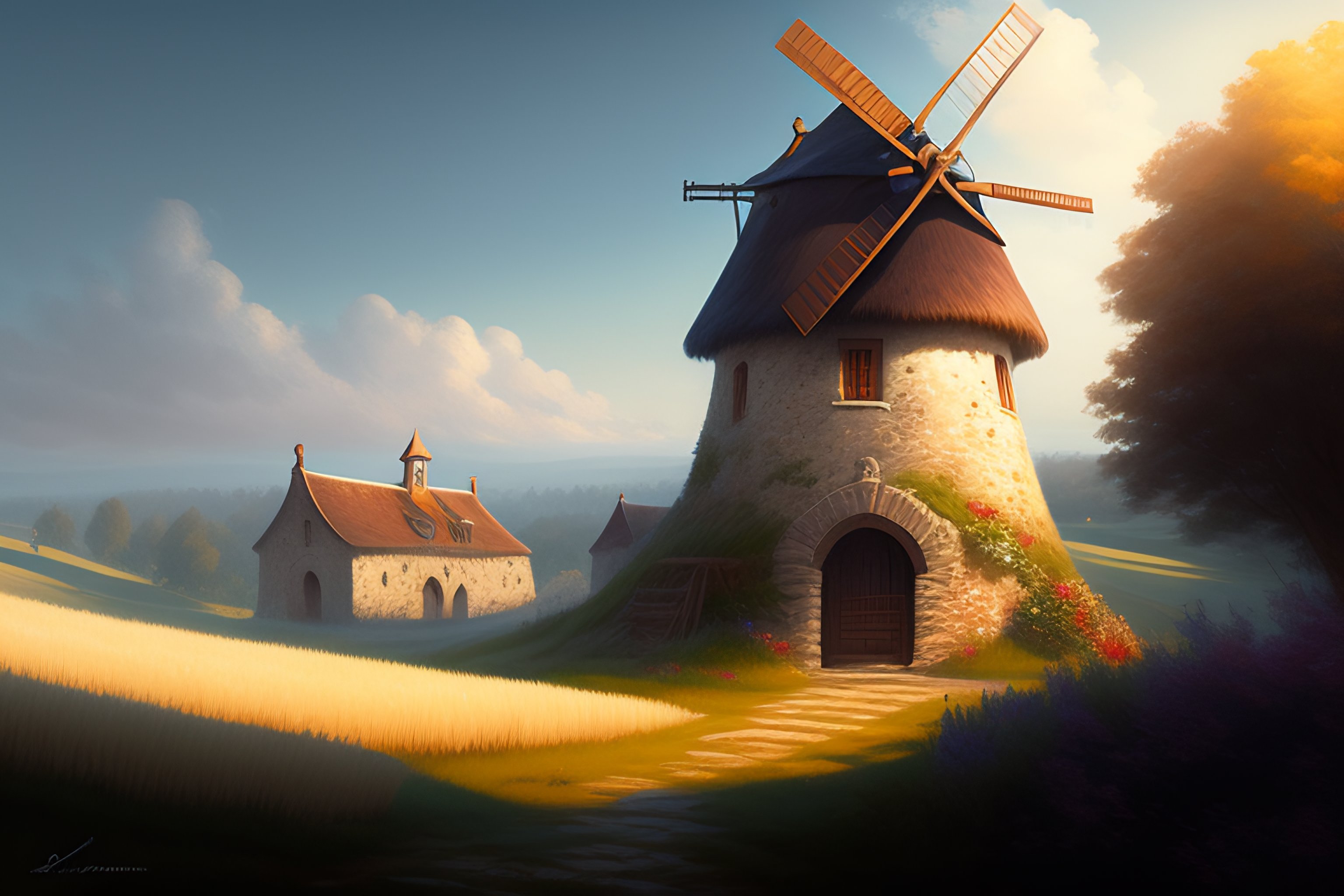 Lexica - Windmill, very long shot, medieval french landscape, by ...
