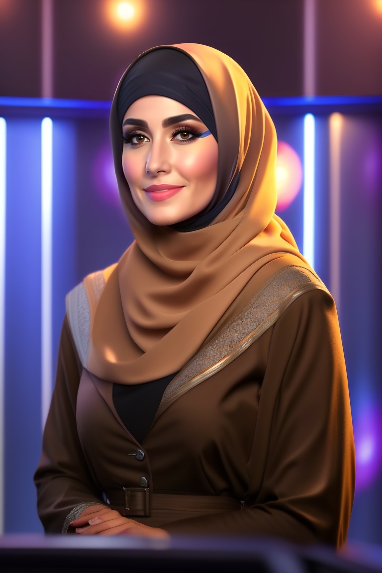 Lexica - A arabic news anchor stands in the center of a room, her hijab ...