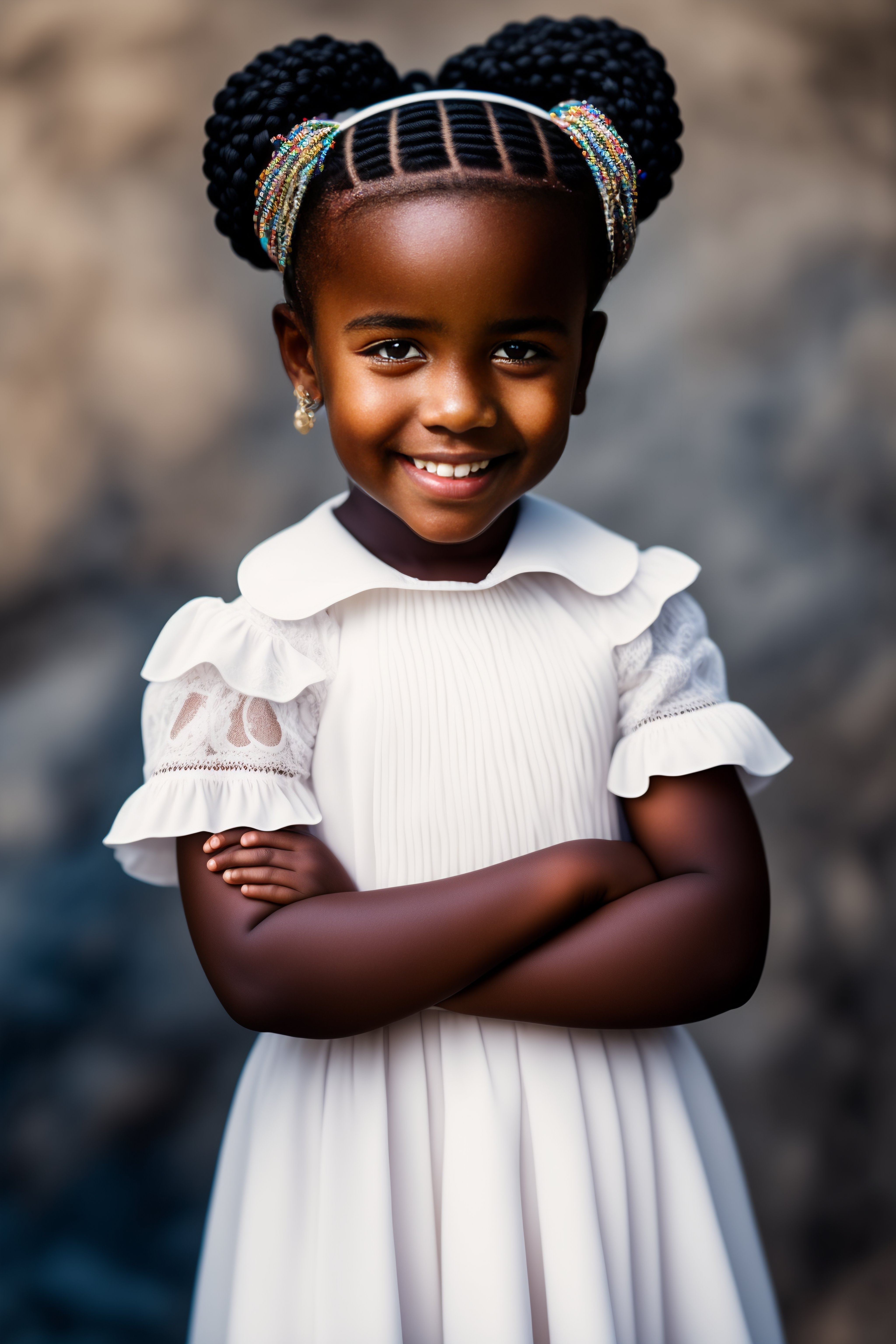 Lexica - Young ,dark skin, child, [[[white dress]]], tiny braids ...