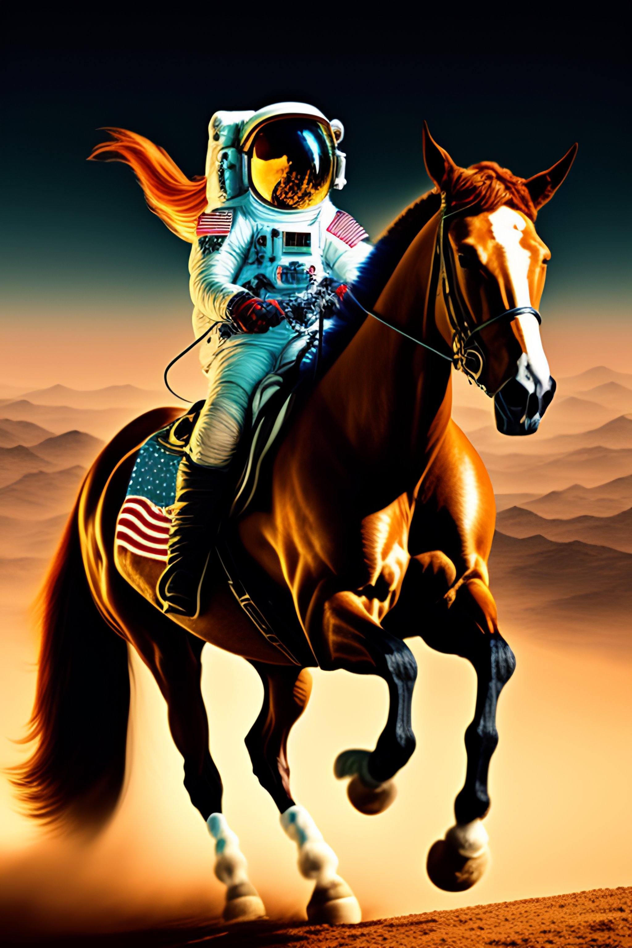 Lexica - Astronaut on the moon riding a horse with american flag and ...