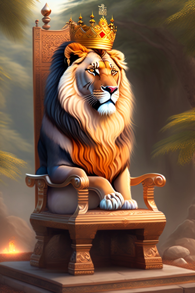 Lexica - King Lion sitting on throne, with crown, in jungle, lions ...