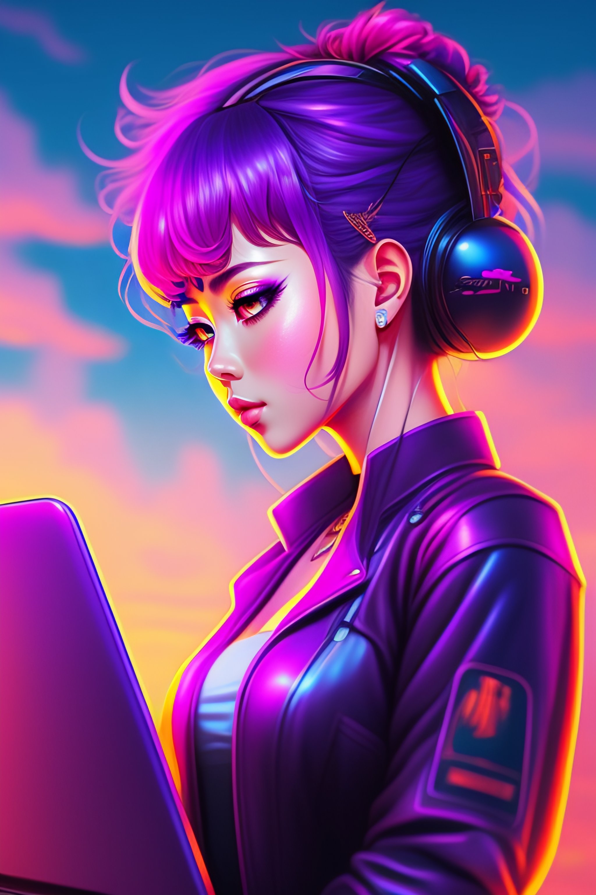 Lexica - Synthwave anime girl working on a laptop warm colours, digital ...