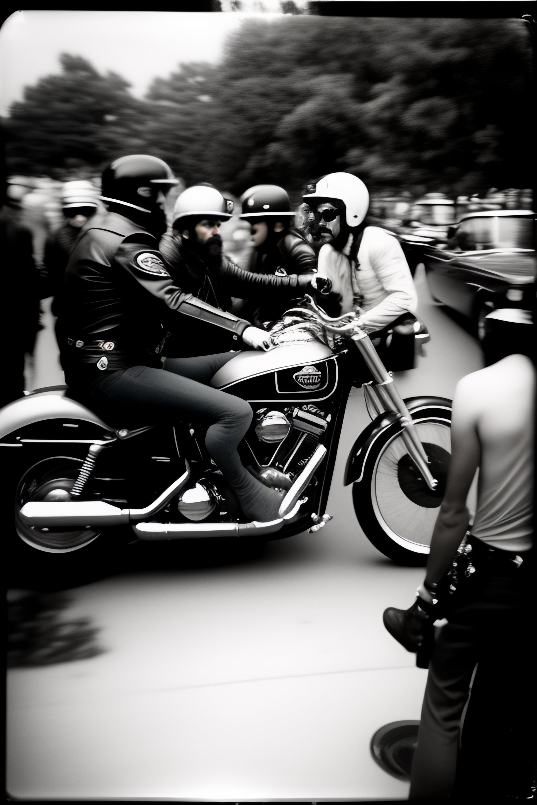 Lexica - 1970s dirty biker biker party outlaws, black and white polaroid