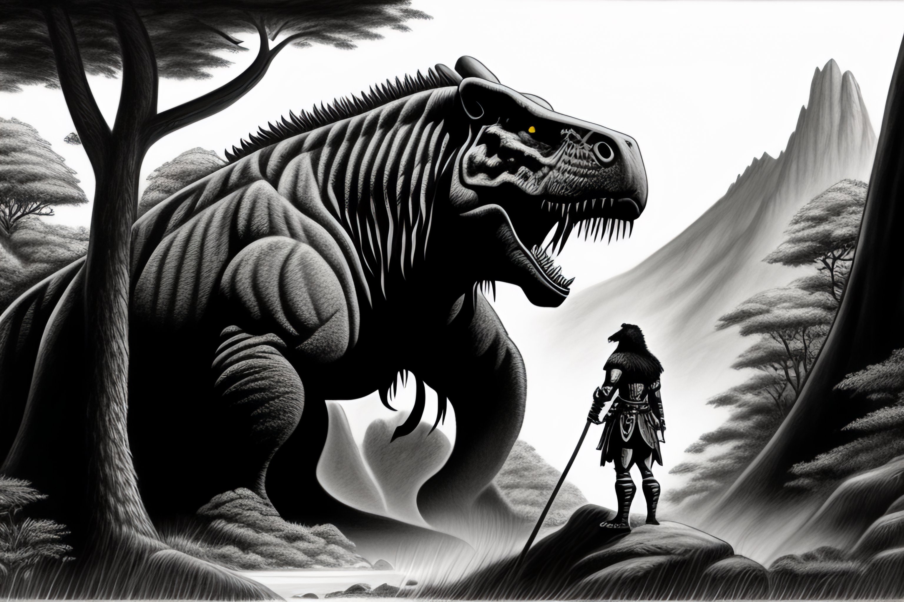 Lexica - Landscape drawing of a lean caveman with a spear standing in ...