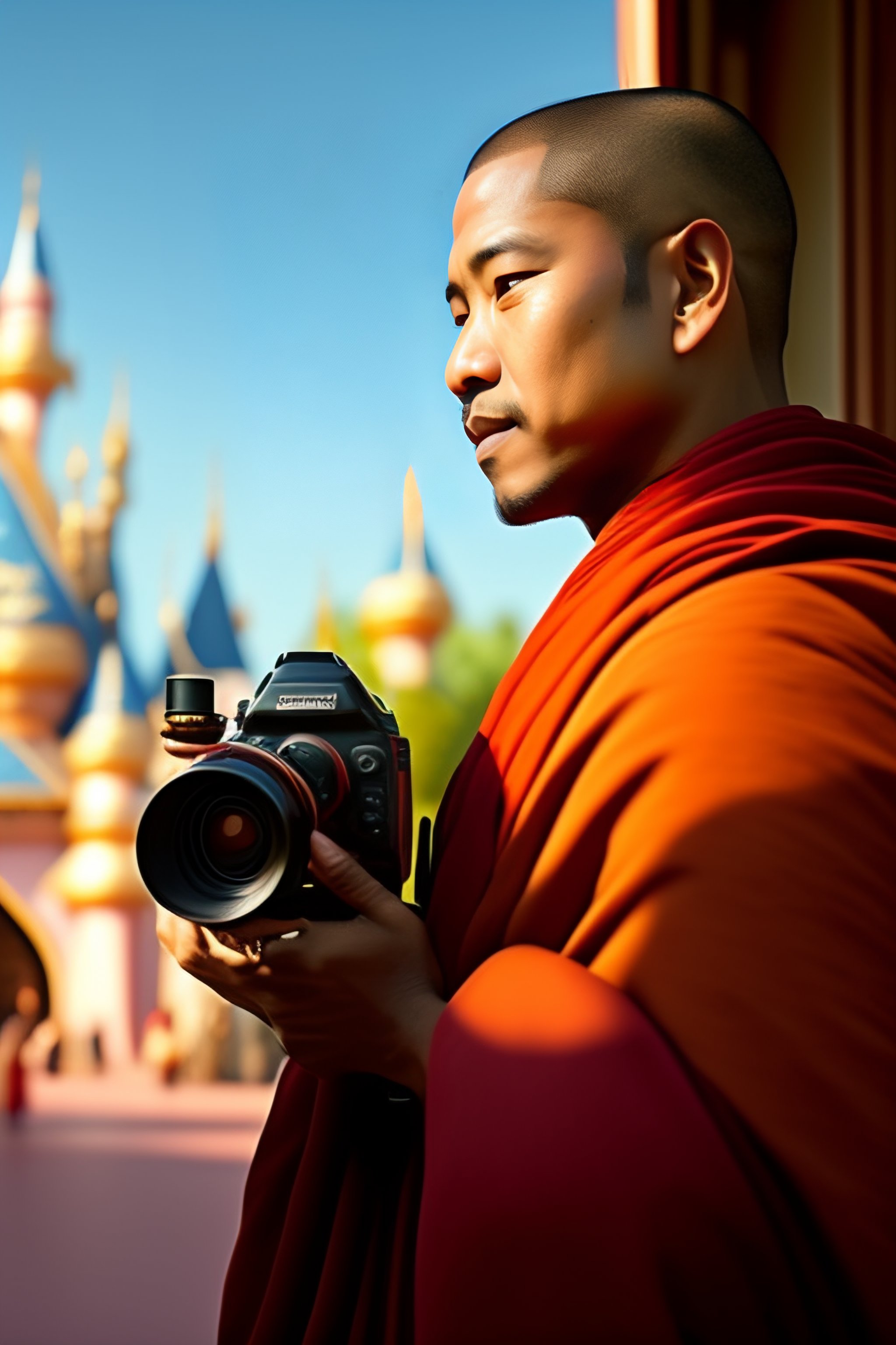 Lexica - A monk clicking pictures with a camera, disney, pixar
