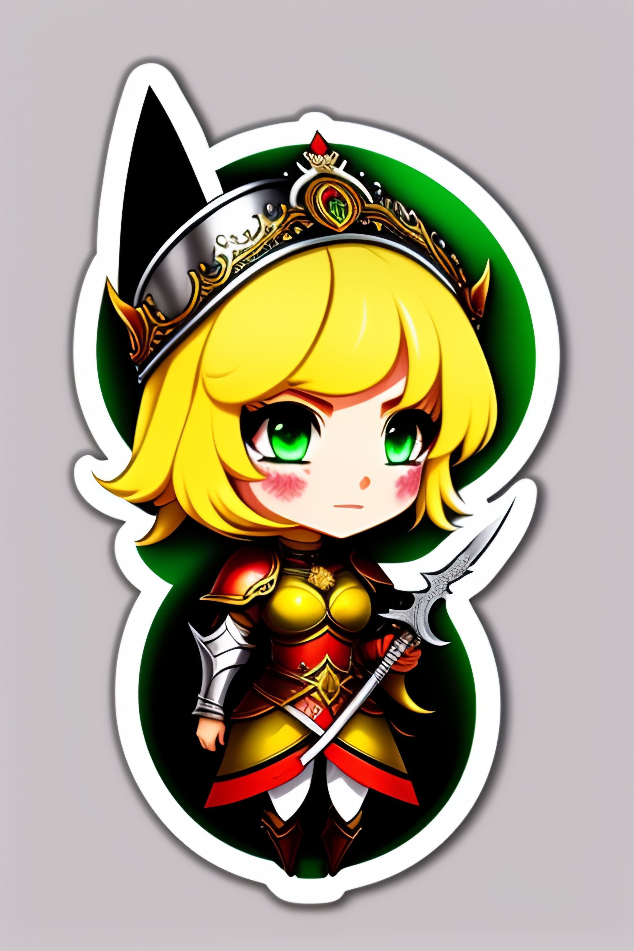 Lexica - Cute chibi blonde, Green eyes, woman With a crown, sword ...