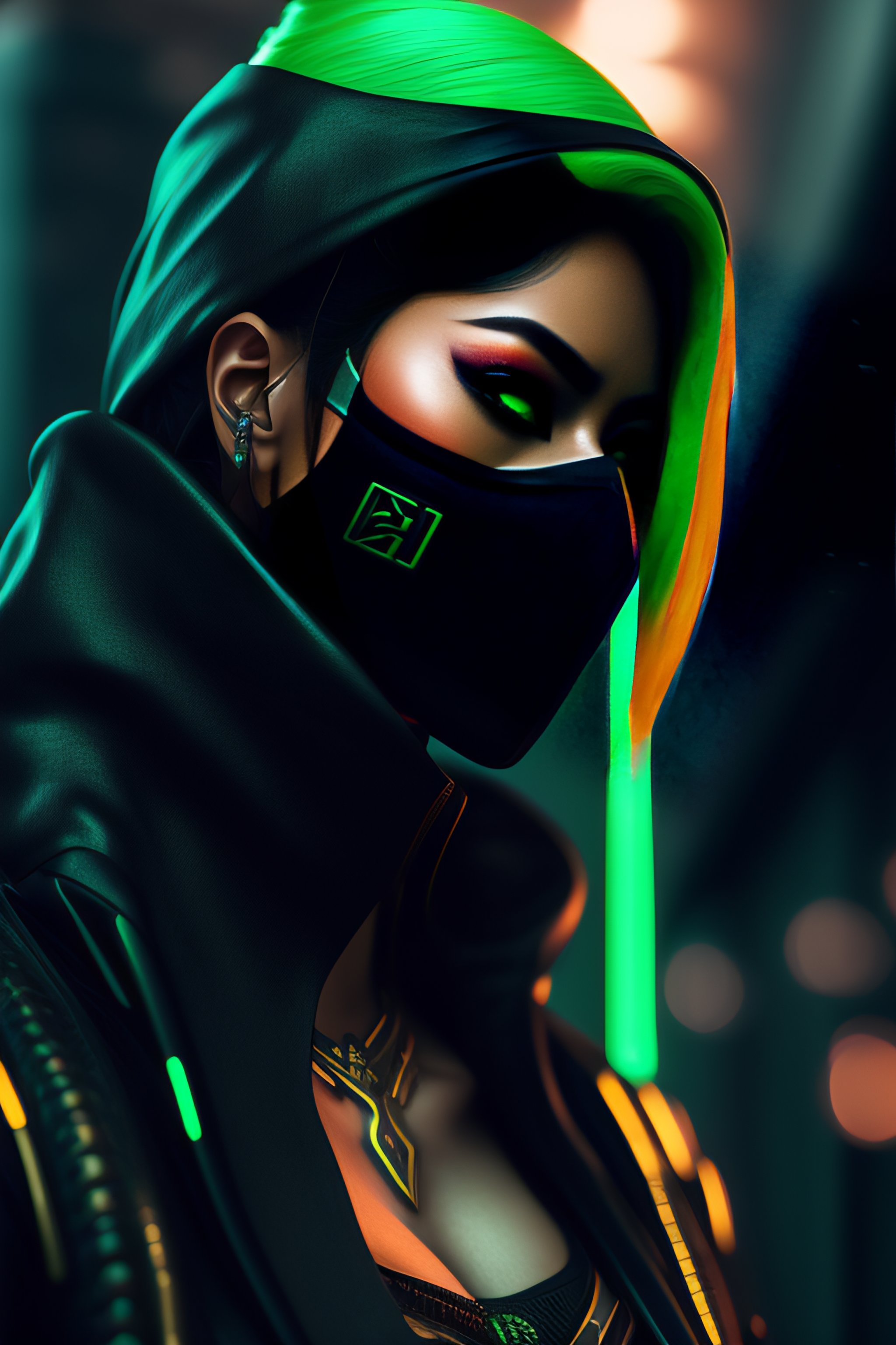 Lexica - Cyberpunk, ninja, iron half-face, black, green, turquoise, sai ...