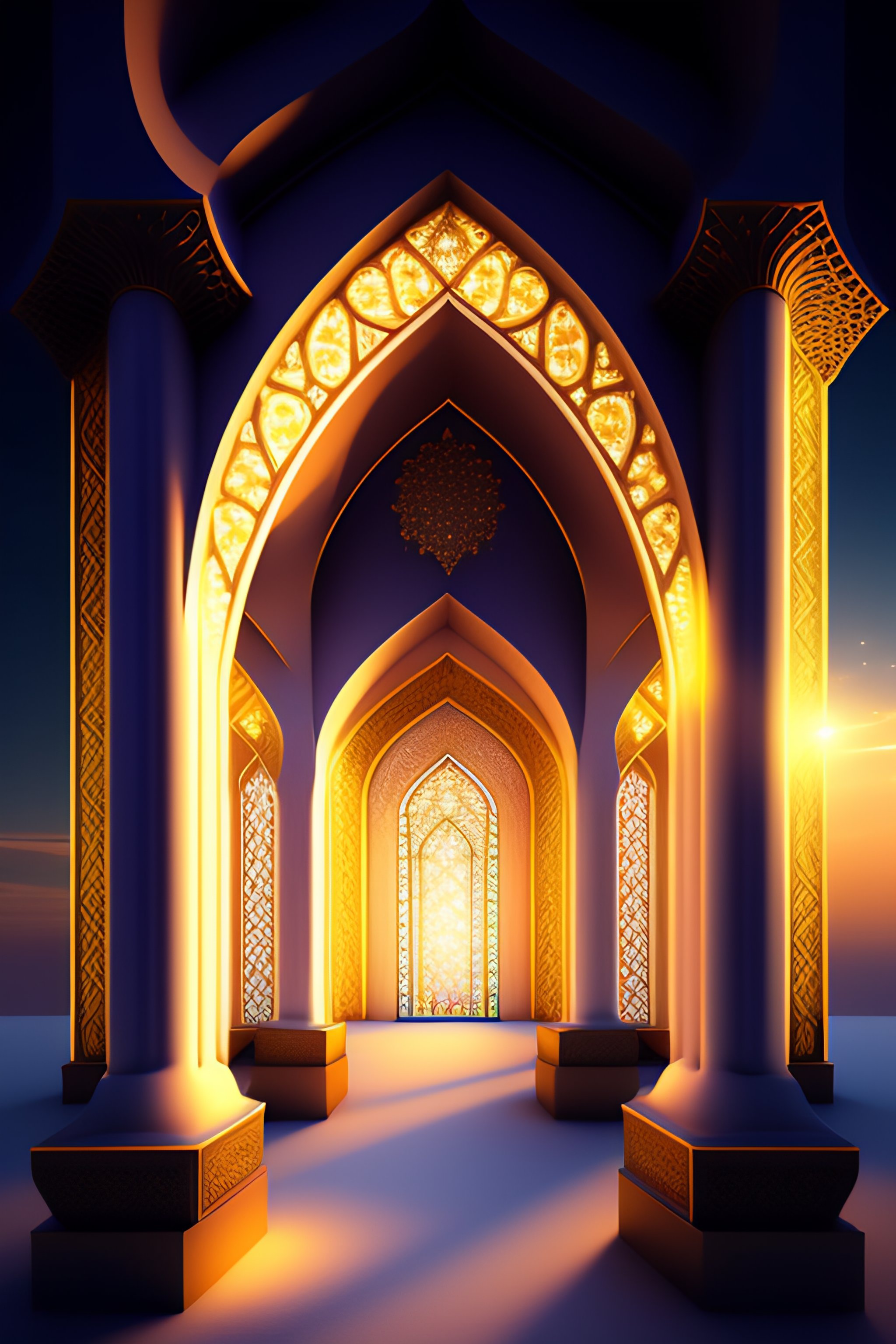 Lexica - Night, symmetrical islamic mosque made of translucent ice ...