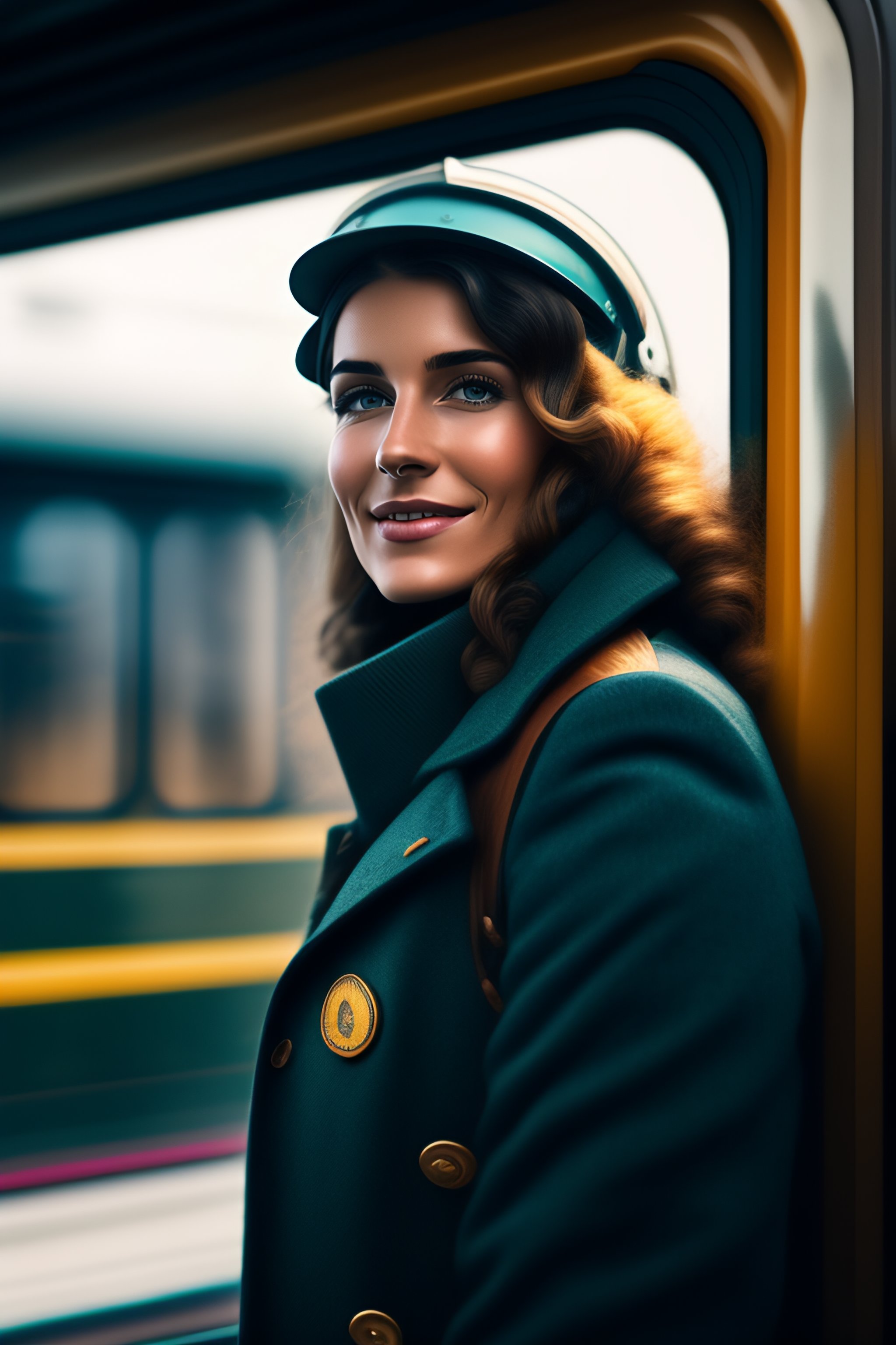 Lexica - An old vinrage photography of a young woman as a train driver