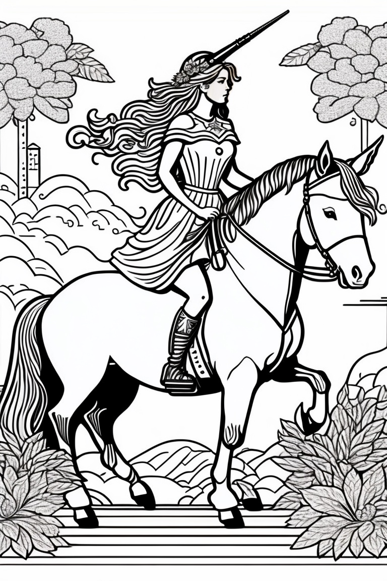 Lexica - Beautiful grown up fairy riding a big unicorn coloring page ...