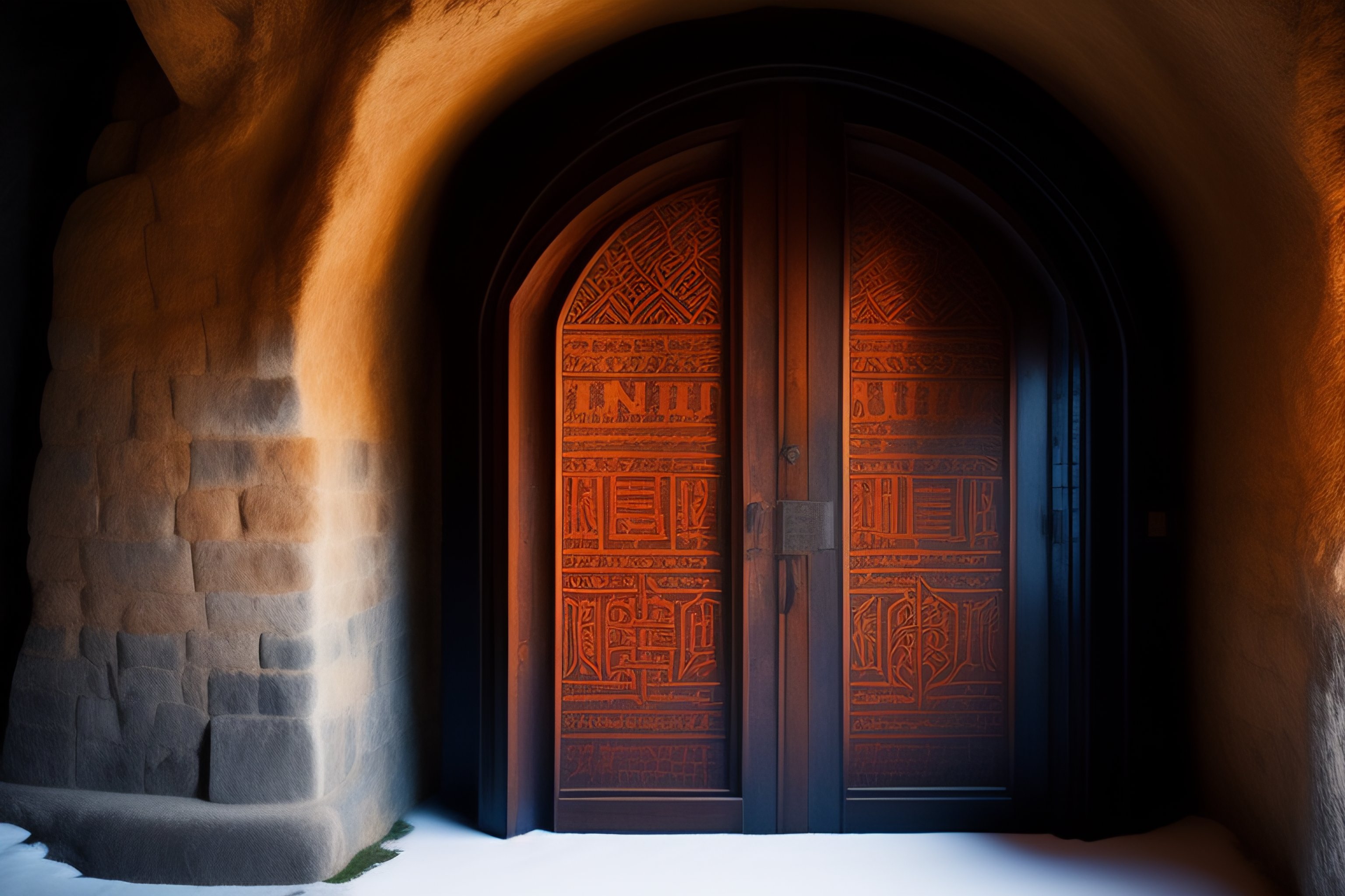 Lexica - Large medieval door with frozen runic scriptures in a cave