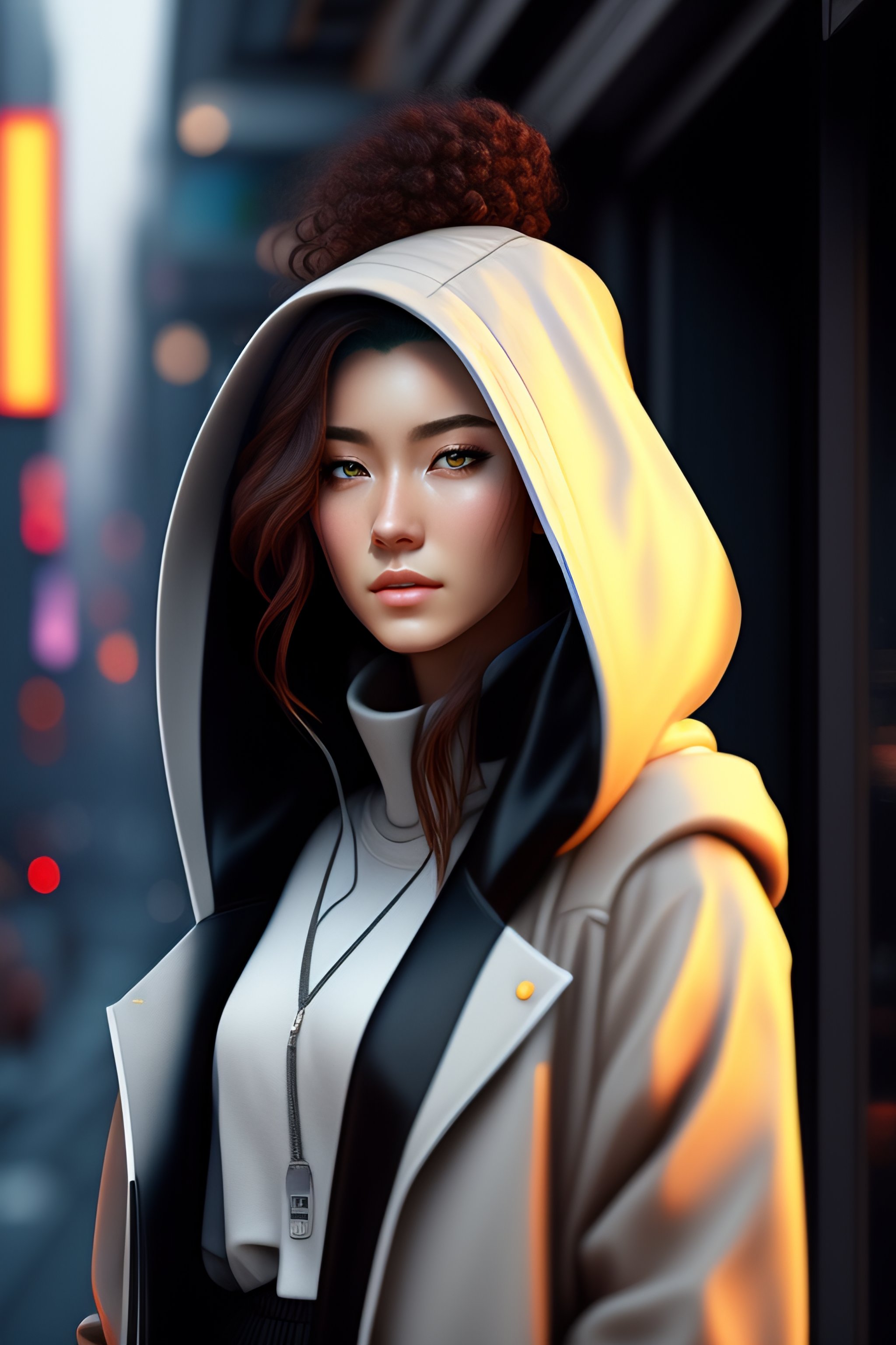 Lexica - Cyberpunk city setting. Realistic young anime white woman ...