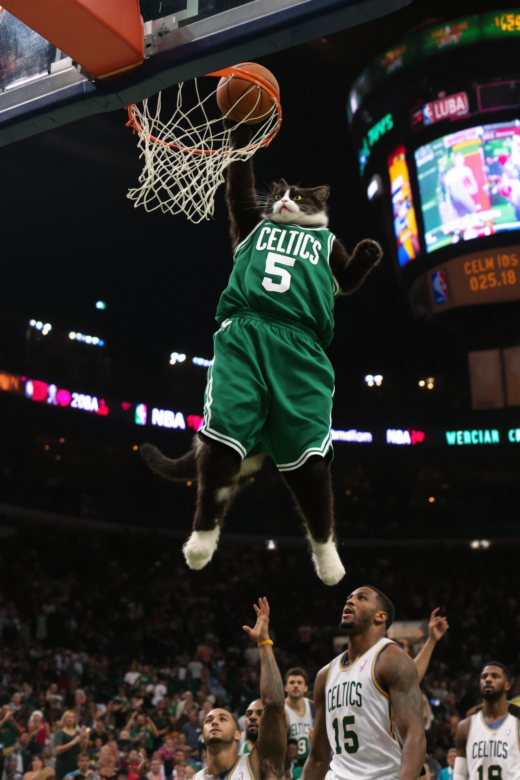Lexica - A cat dunking a basketball in an NBA game with a jersey on