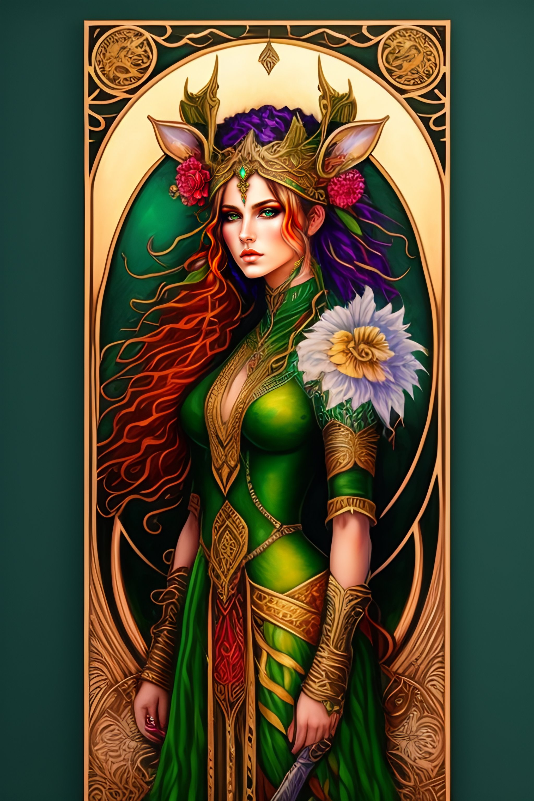 Lexica - Alphones mucha girl warrior with curly green hair piercing ...
