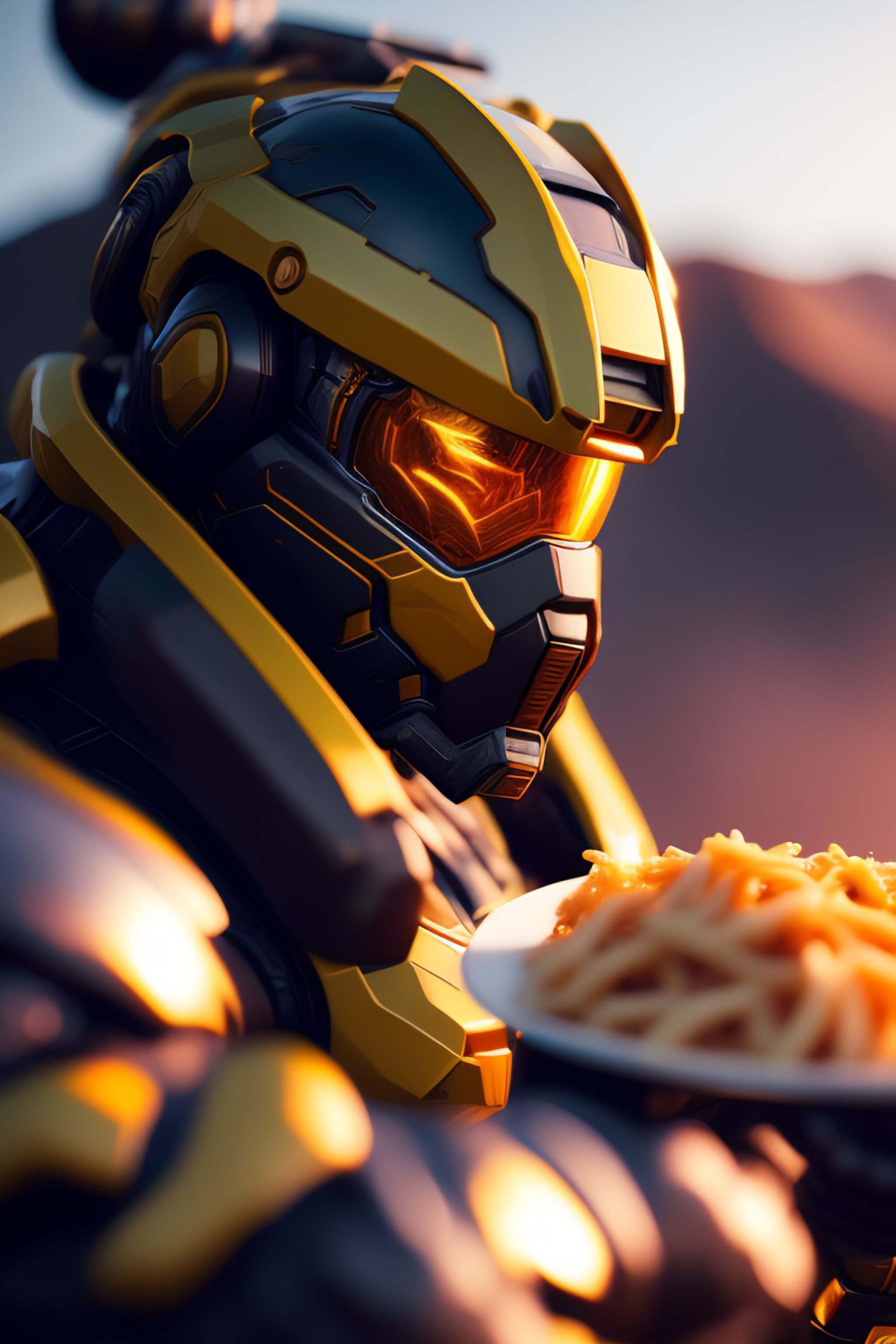 Lexica - Master Chief (halo), eating pasta, male, strong, by wlop, ilya ...