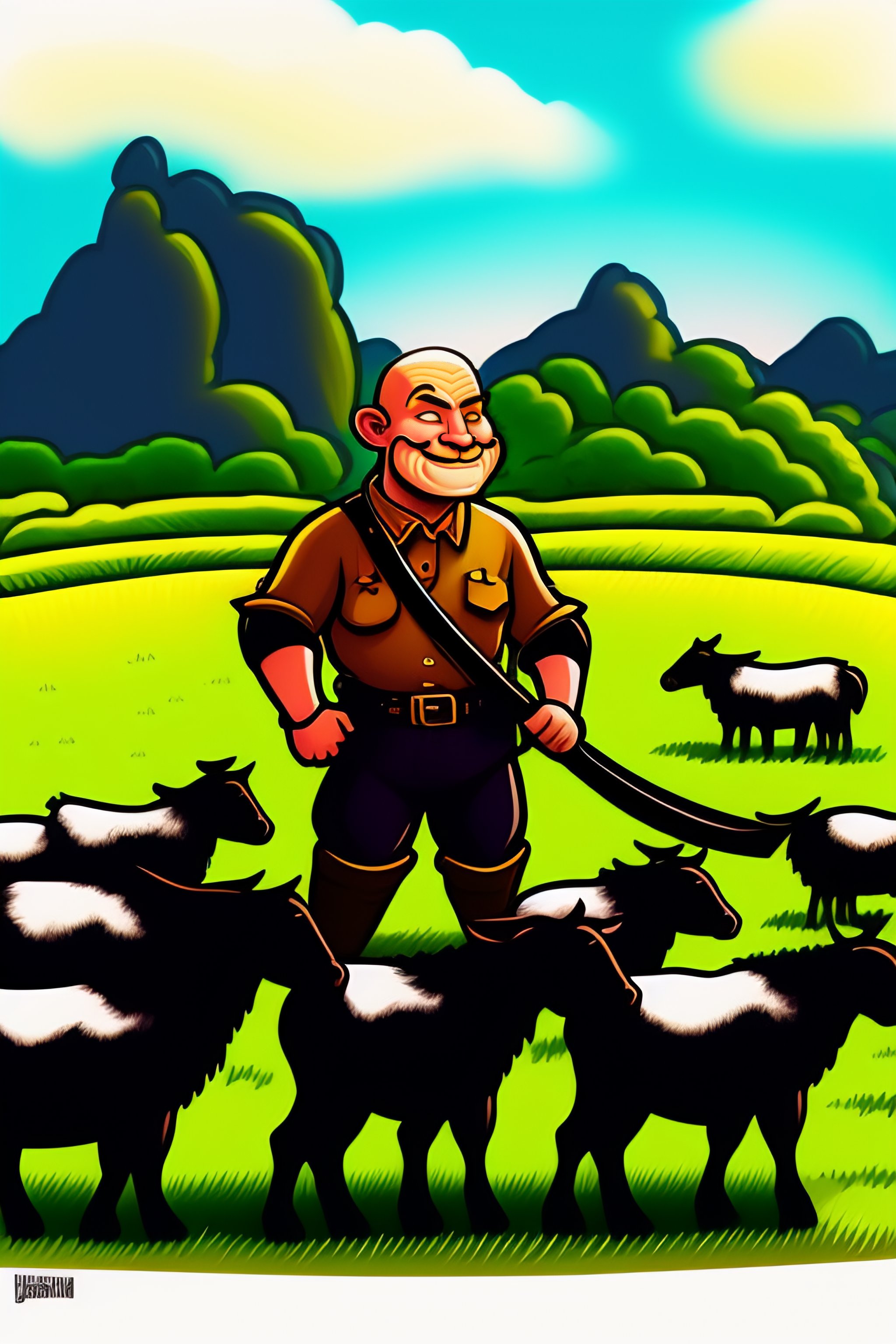 Lexica - A bald happy orc holding a whip while herding goats, green ...