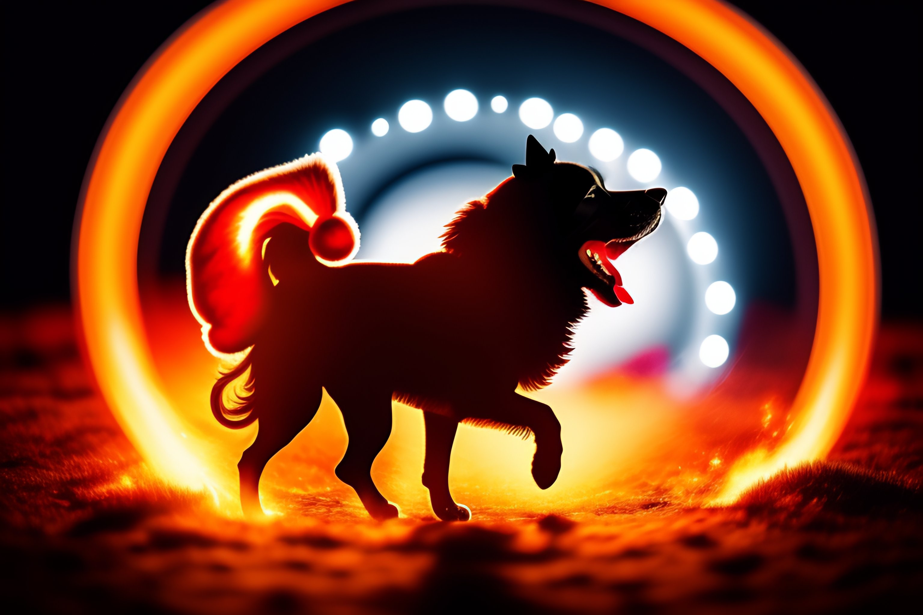 Lexica - Black dog jump through a ring of fire wearing a santa hat