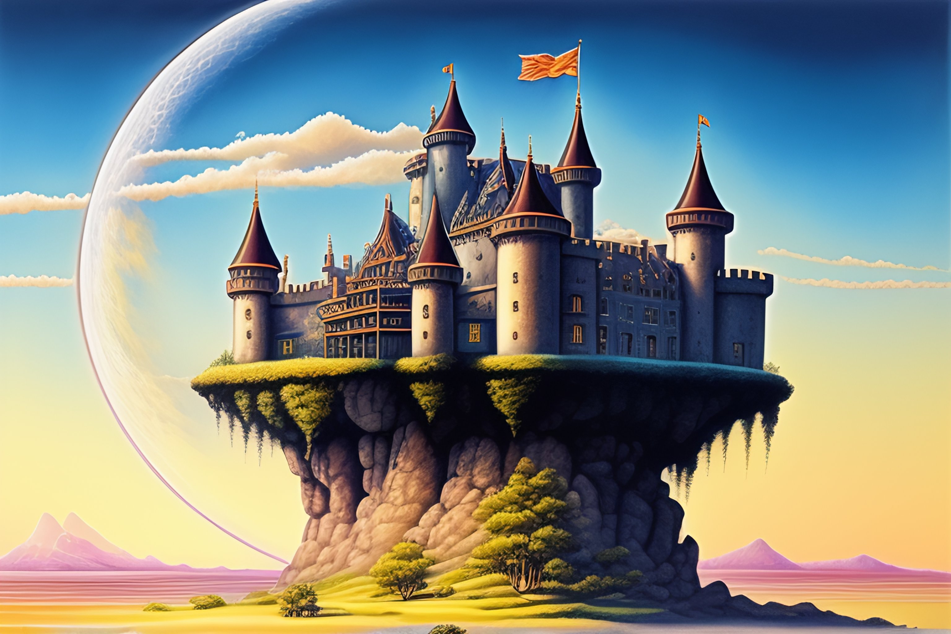 Lexica - A medical castle above the ground floating in the air, pen and ...