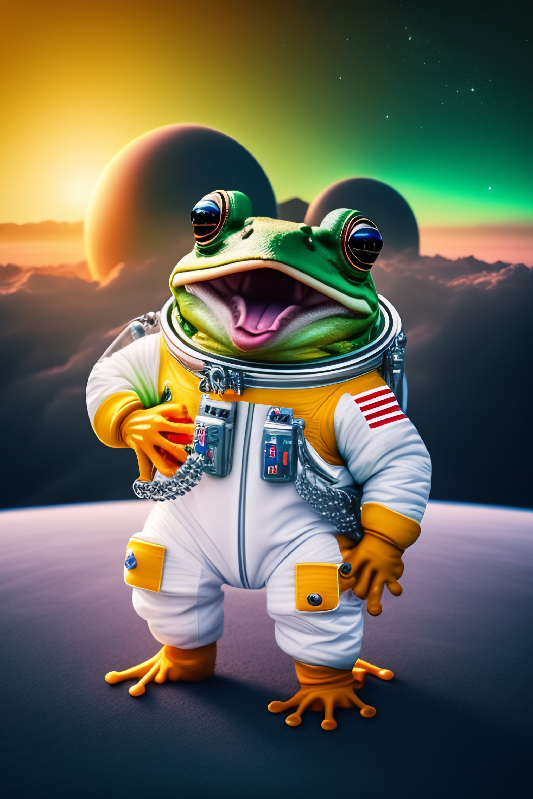 Lexica - Frog with tongue out. Astronaut suit. With frog hands. Earth ...