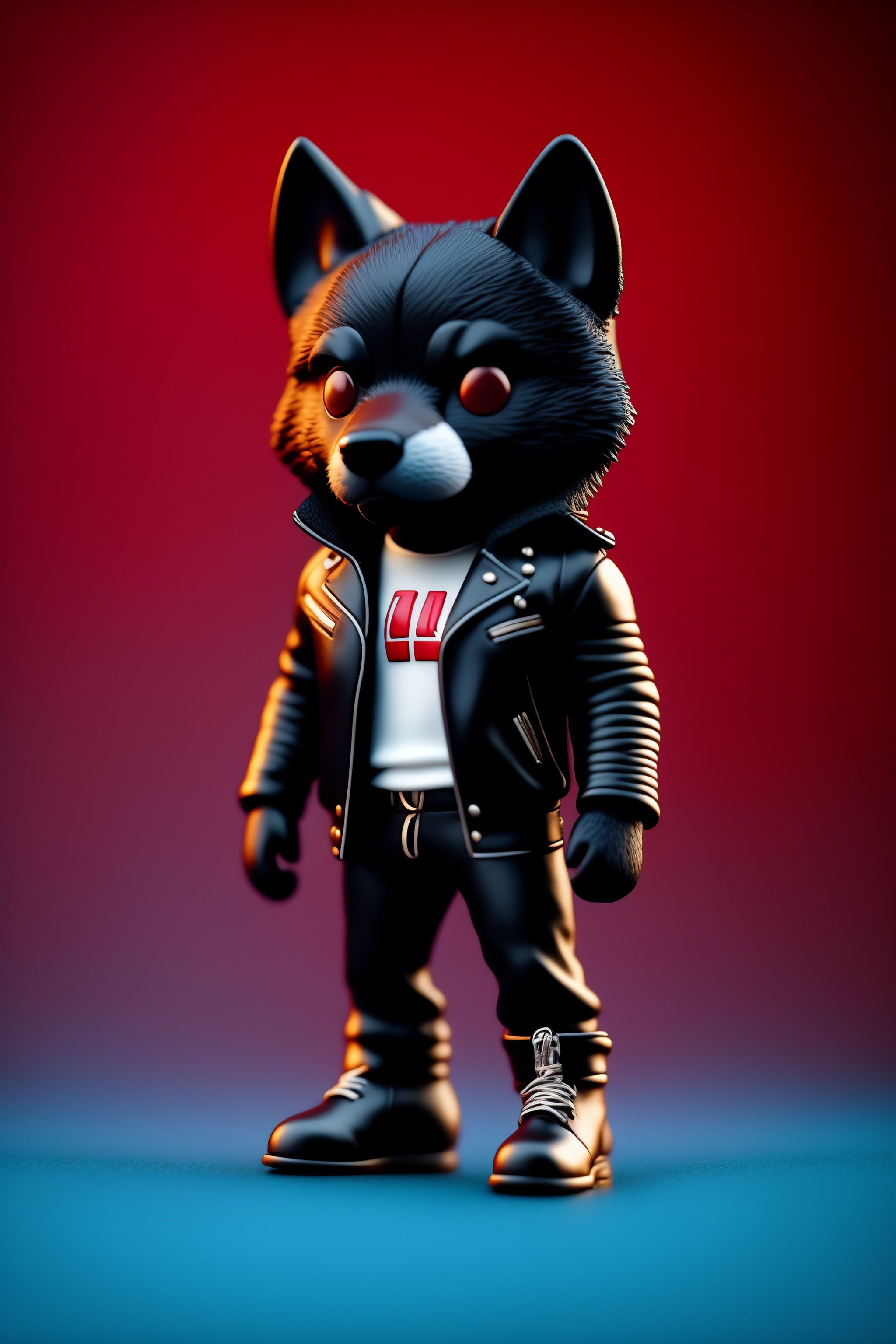 Lexica - Full body 3d render of funko pop wolf in a leather jacket