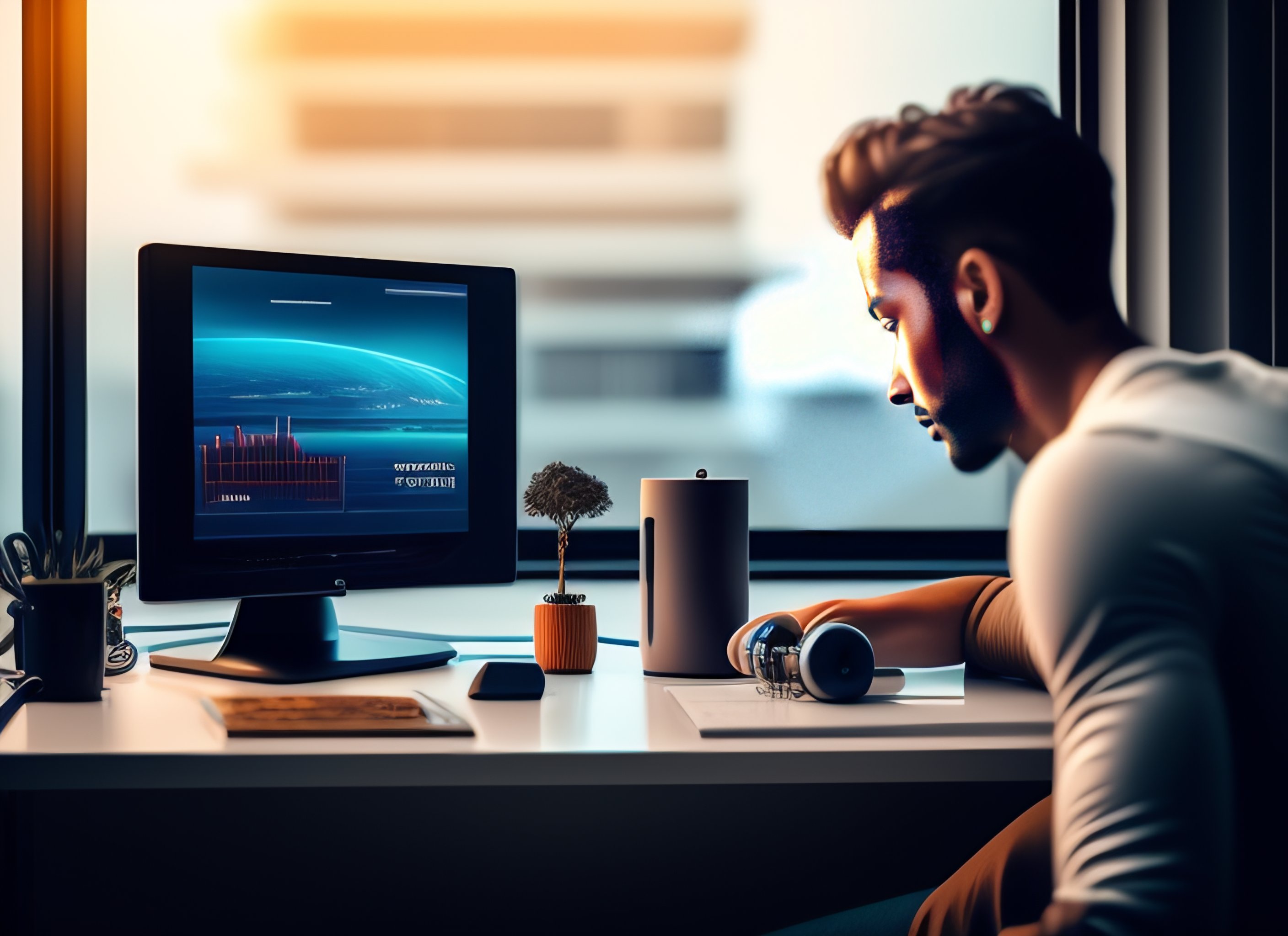 Lexica - A person and a robot. Both working, side by side, at the computer.