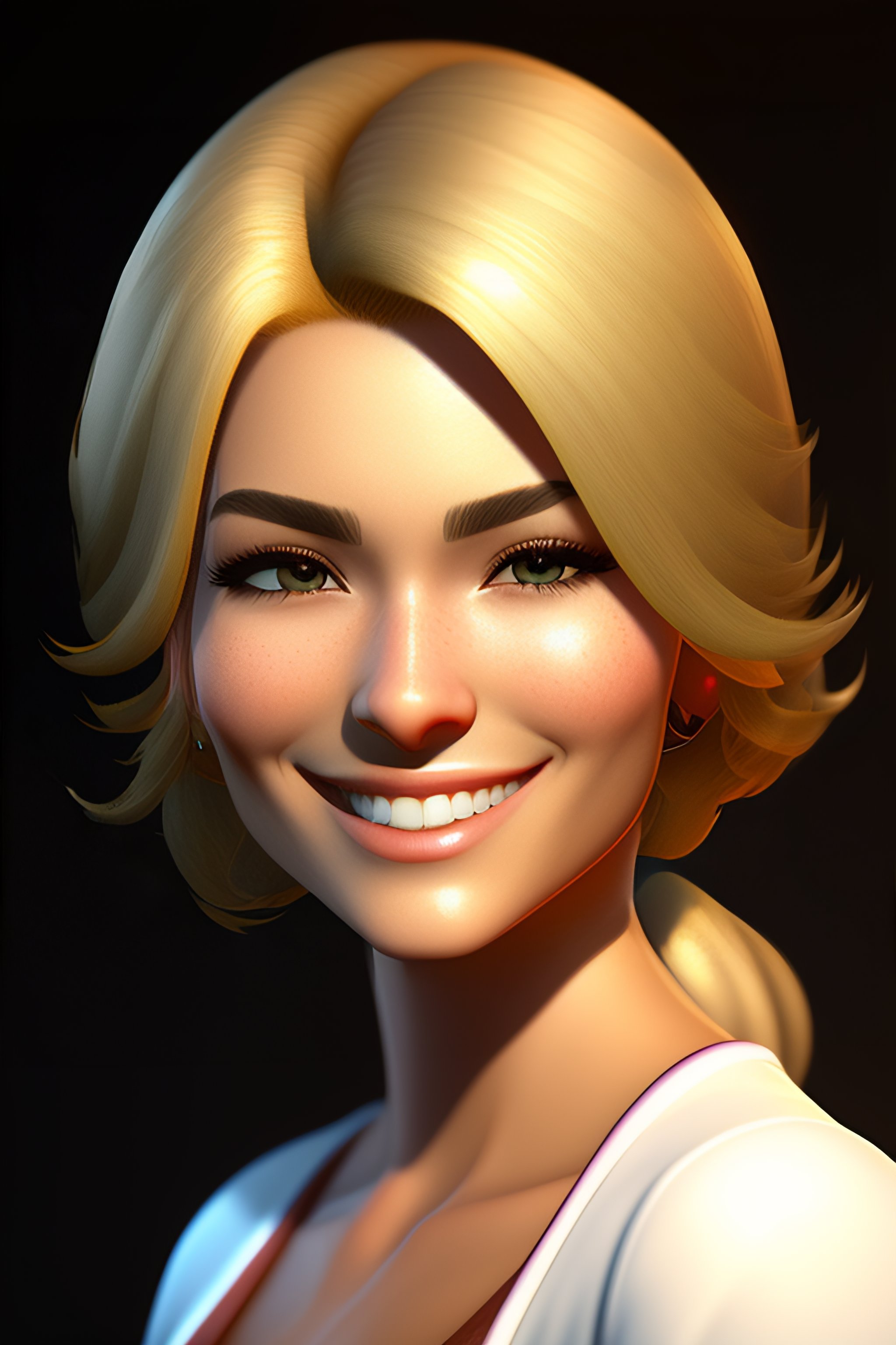 Lexica - Cute blonde 3d game character smiling and brown eyes closed