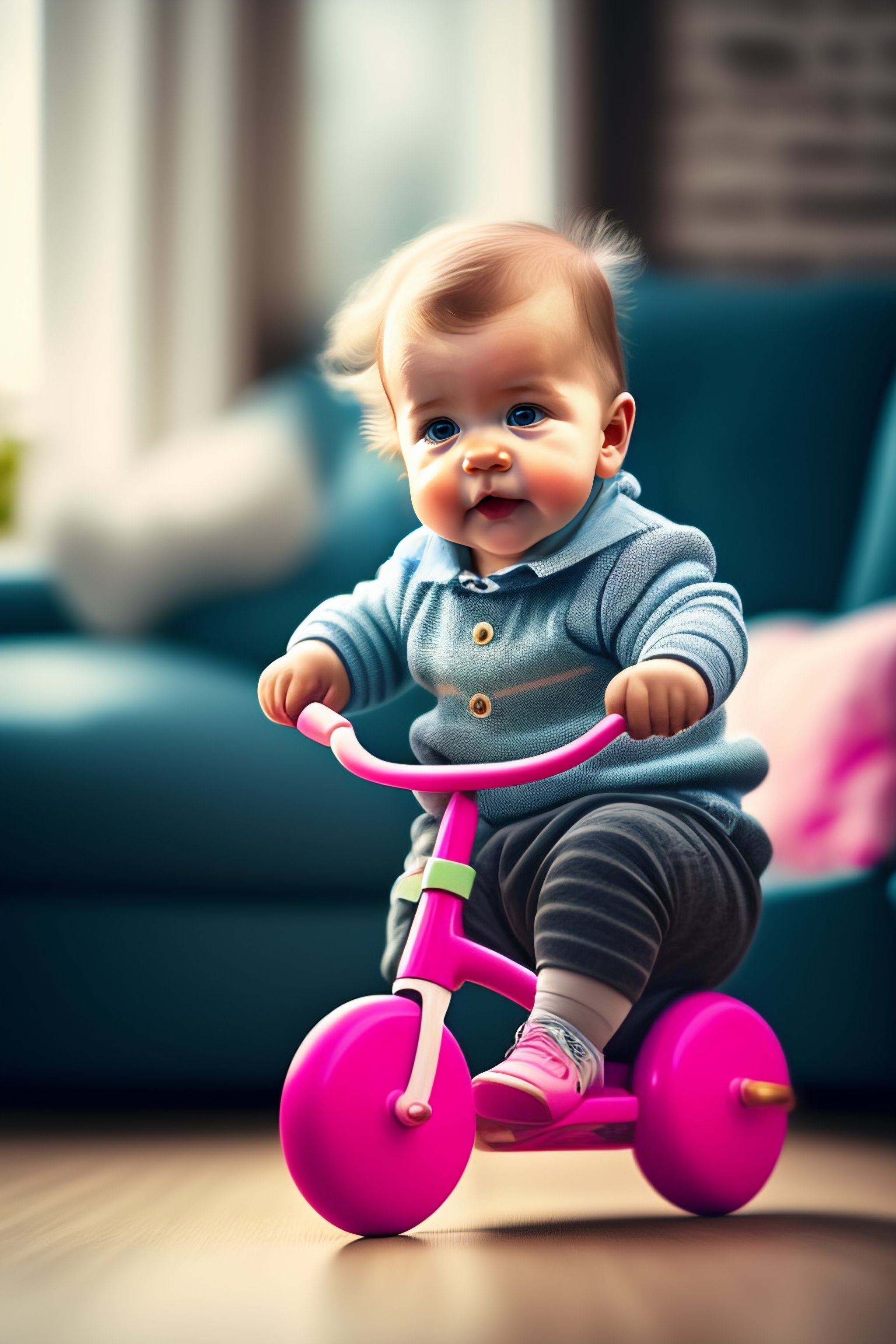 Lexica - A baby sitting on a tricycle in a living room, a stock photo ...