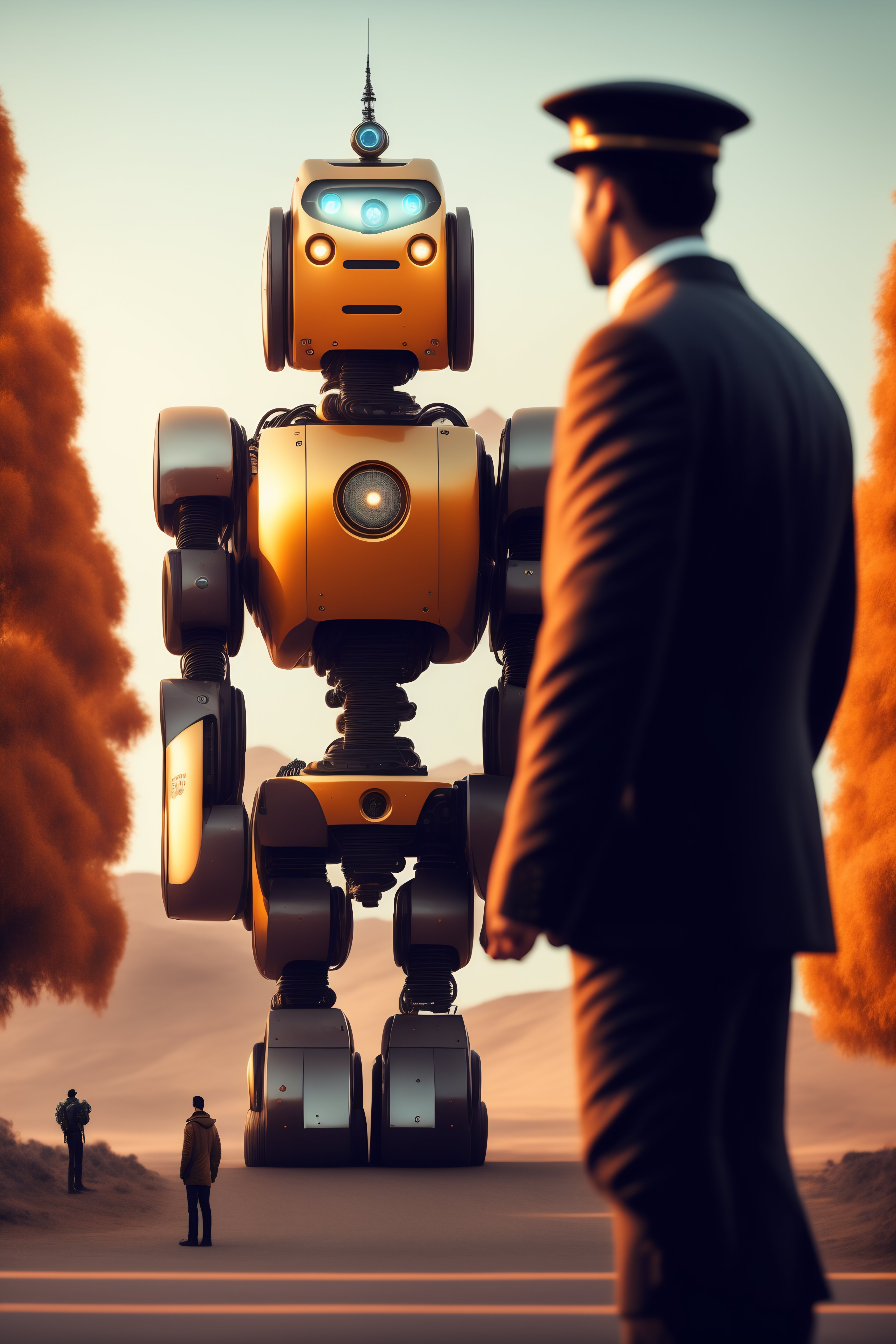 Lexica - A robot staring at a man, fantastic illustration