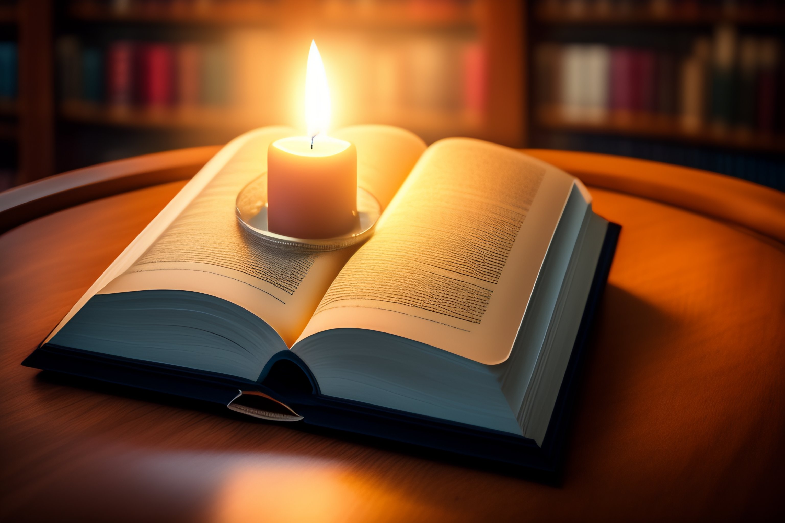 Lexica - Open book with candles on a pedestal inside a huge library