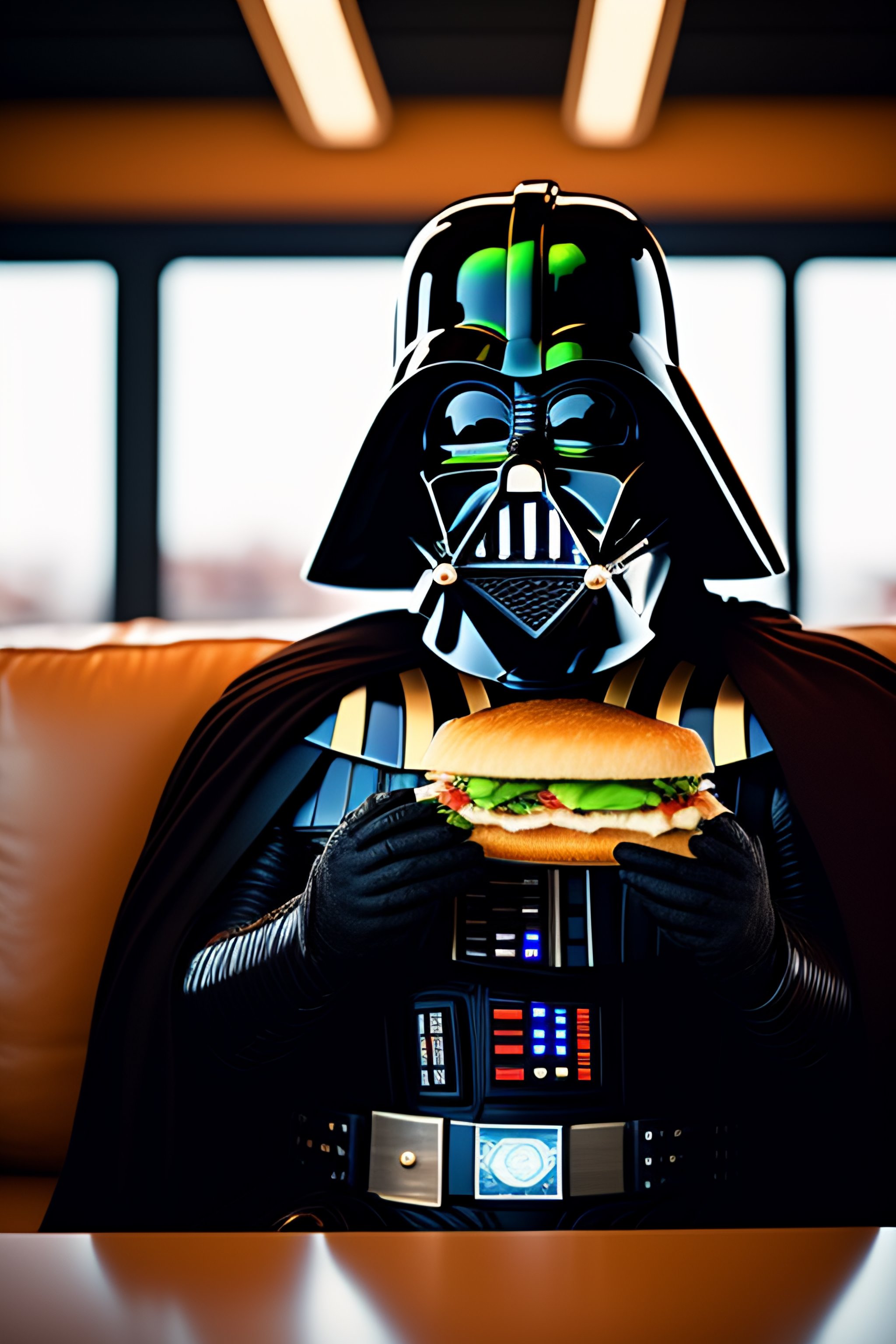 Lexica - Darth Vader eating a sandwich in a couch in the night, the tv ...